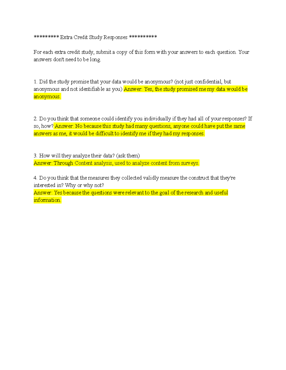 Sona credit 1 - Lecture notes 1 - ********* Extra Credit Study ...