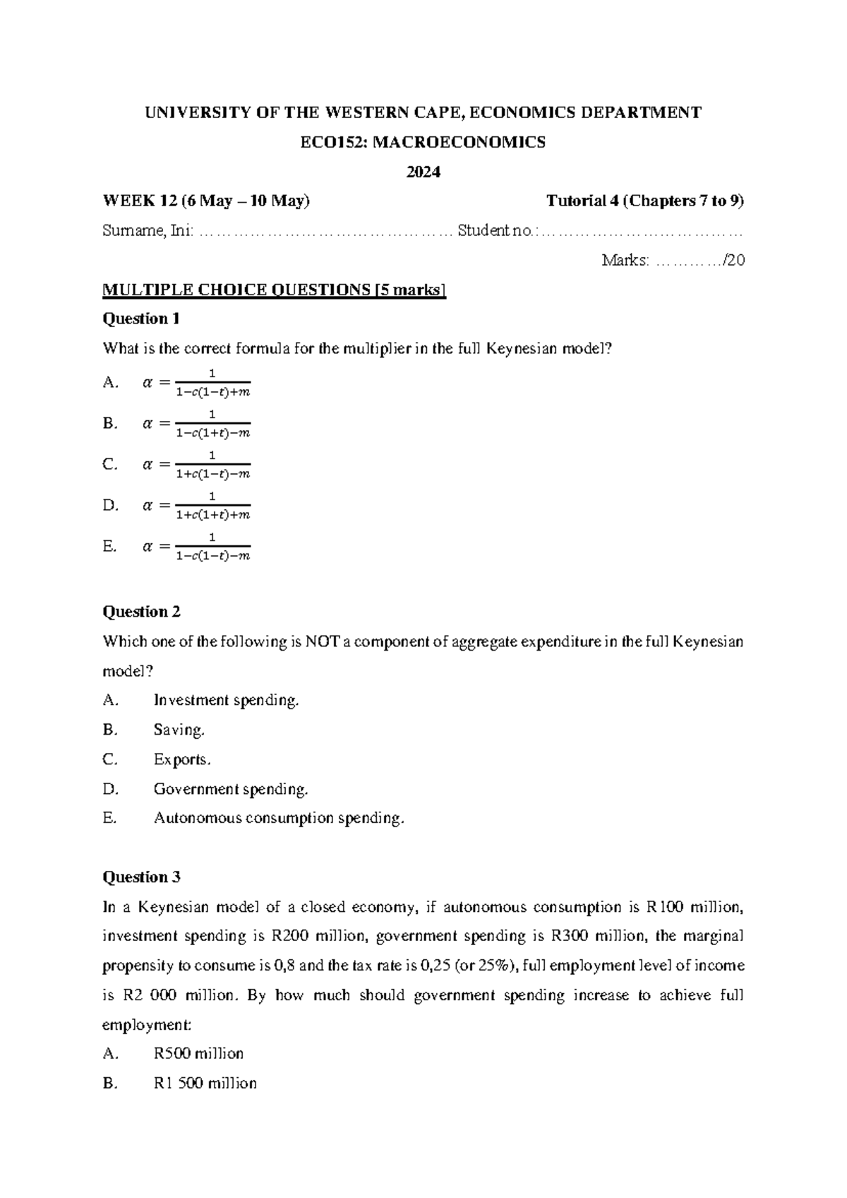 2024 ECO 152 Tut 4 Student - UNIVERSITY OF THE WESTERN CAPE, ECONOMICS ...