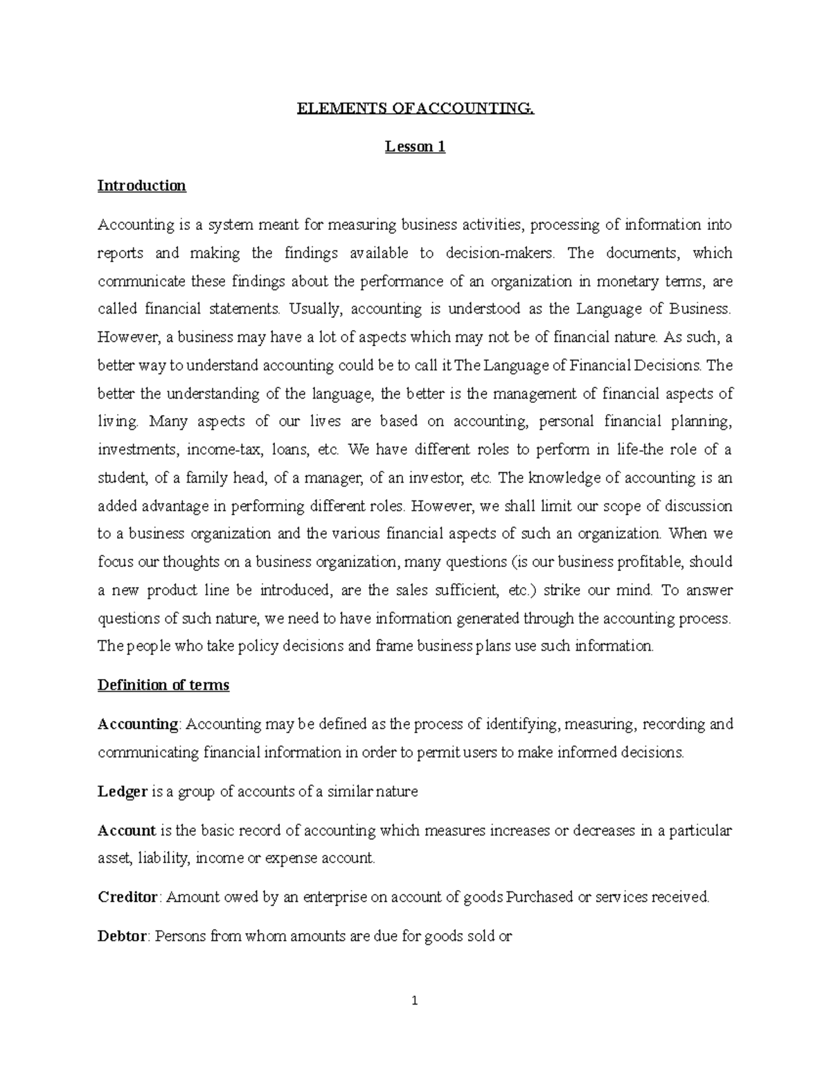 Elements OF Accounting - ELEMENTS OF ACCOUNTING. Lesson 1 Introduction ...