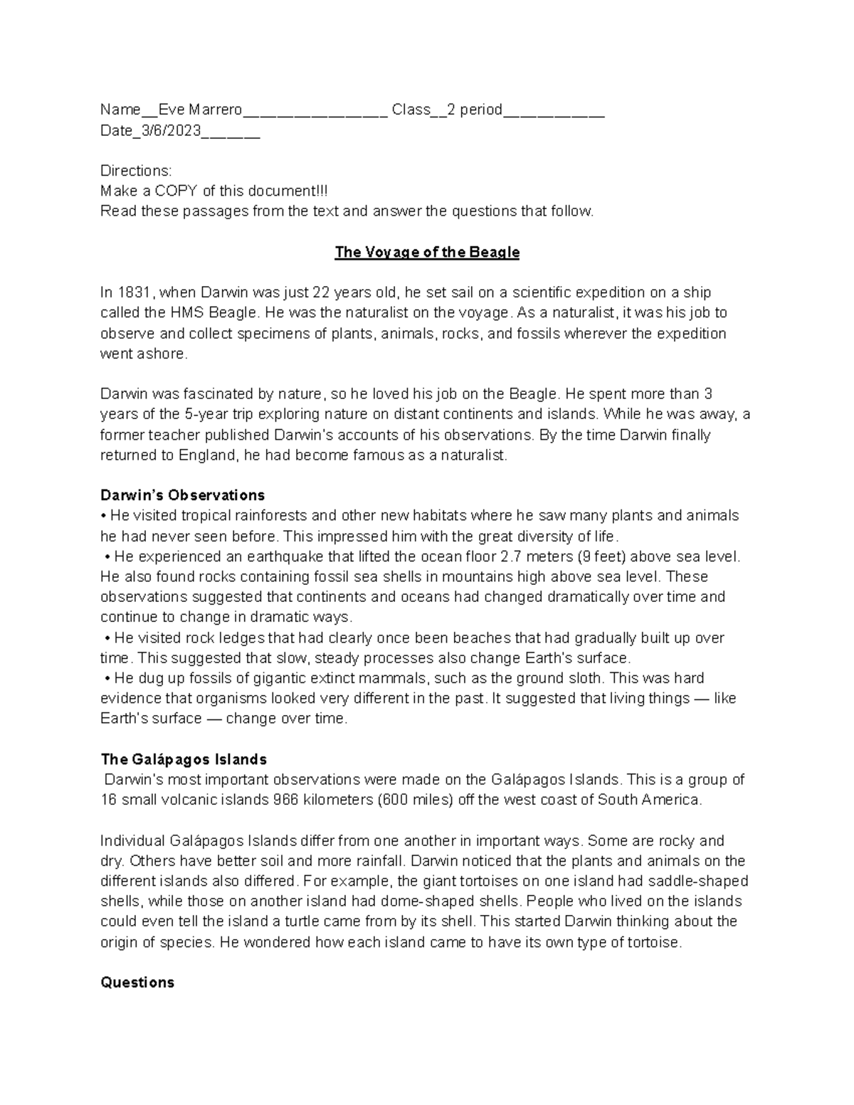 Charles Darwin Reading and Questions Lab - Name__Eve Marrero ...