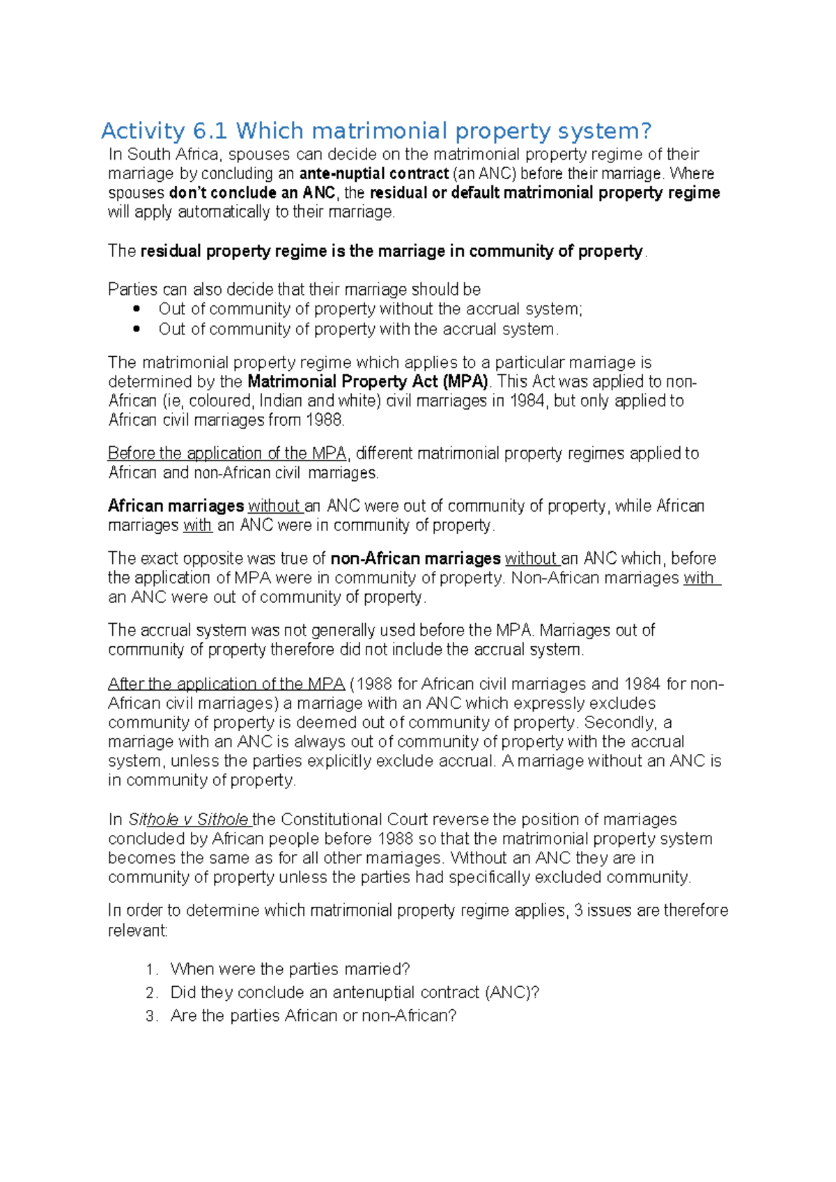 Activity 6.1 Which matrimonial property system - Activity 6 Which ...