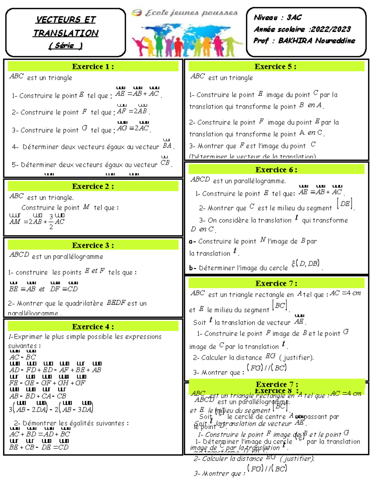 3AC Vecteurs et translation (serie) 2022 2023 - VECTEURS ET TRANSLATION ...