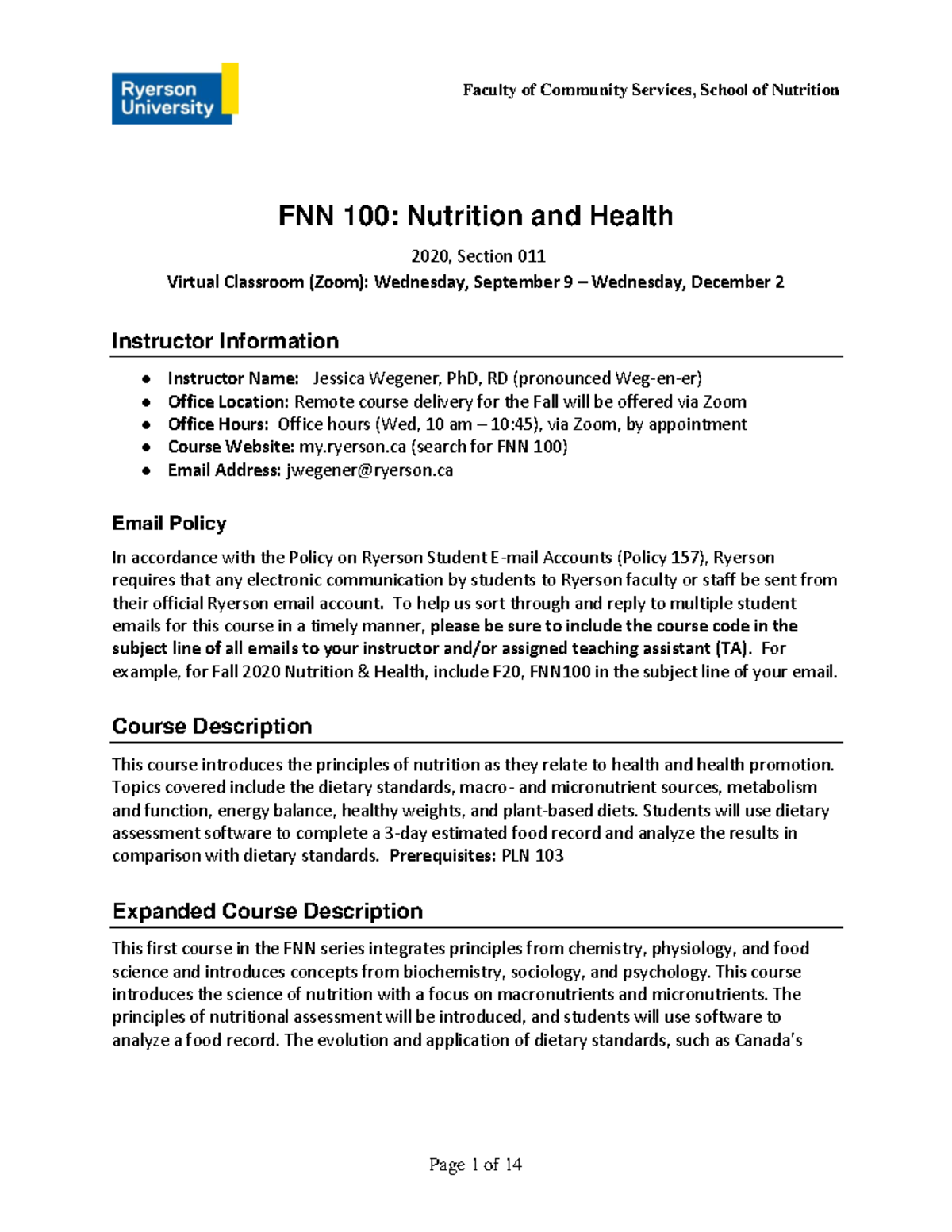 FNN 100 Final Course Outline Fall 2020 - Faculty of Community Services, School of Nutrition FNN ...