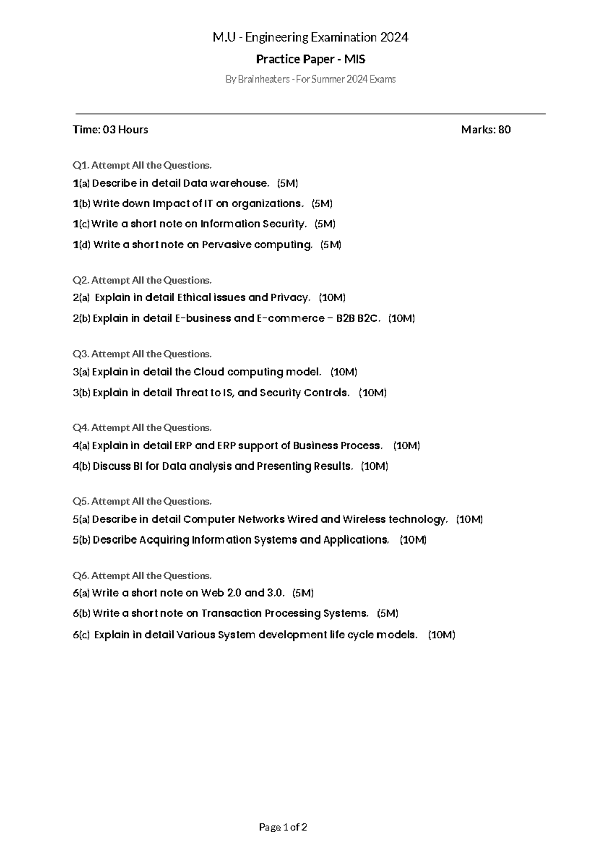 MIS SEM7 Practise Paper - M - Engineering Examination 2024 Practice ...