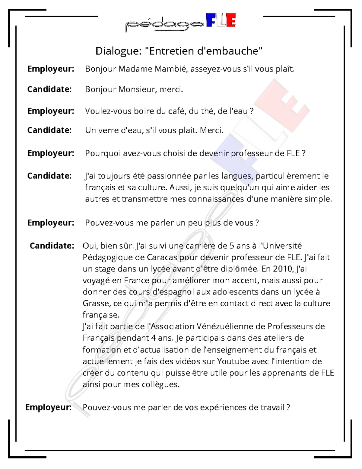 Dialogue Entrtien d Embauche - Dialogue: "Entretien d'embauche ...