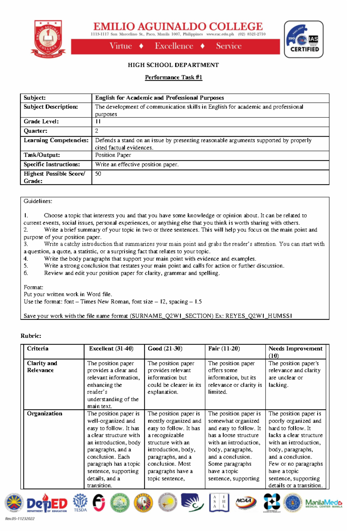 Q2 PT1 Position Paper - HIGH SCHOOL DEPARTMENT Performance Task ...