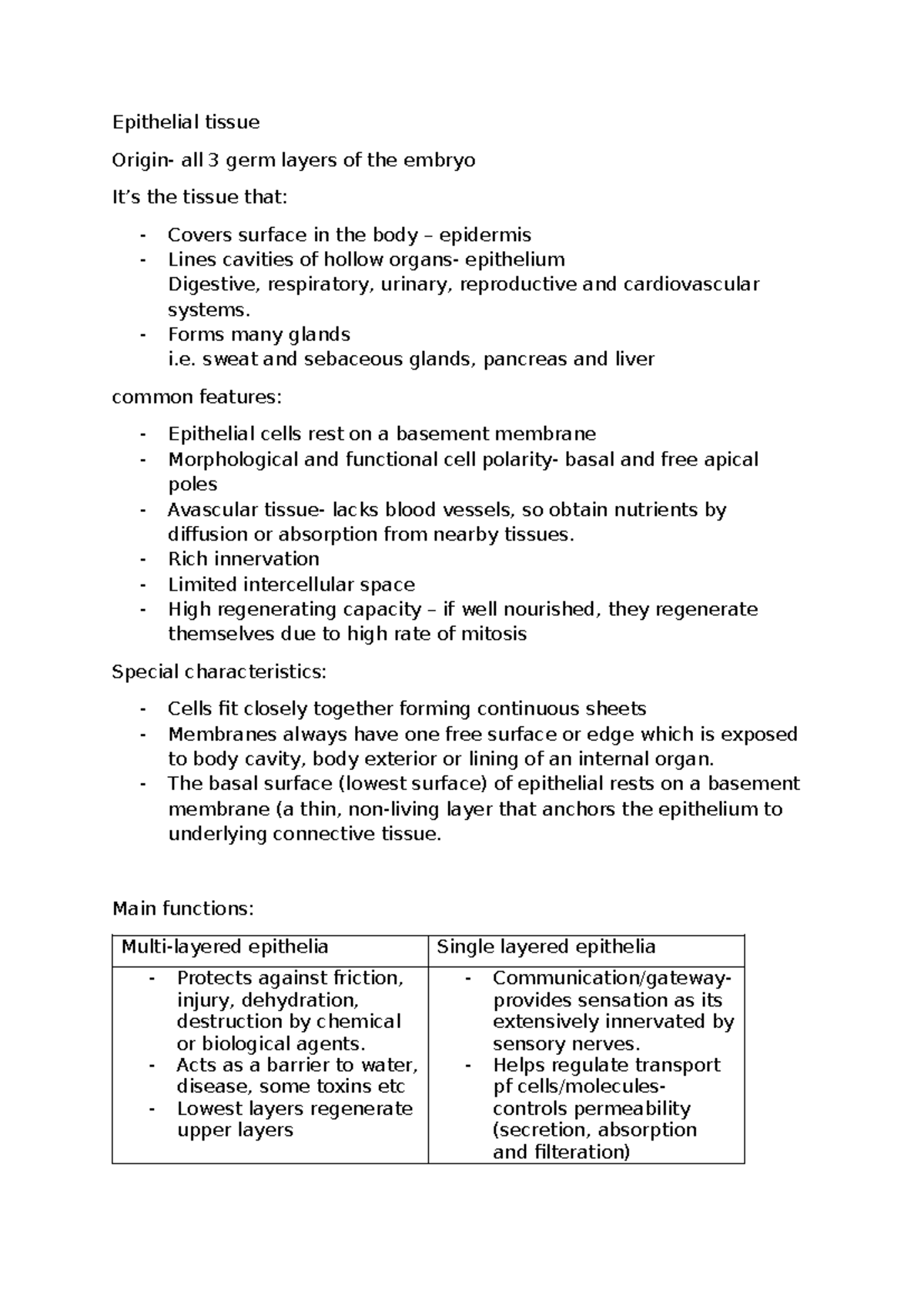 Epithelial Tissue Notes Epithelial Tissue Origin All 3 Germ Layers