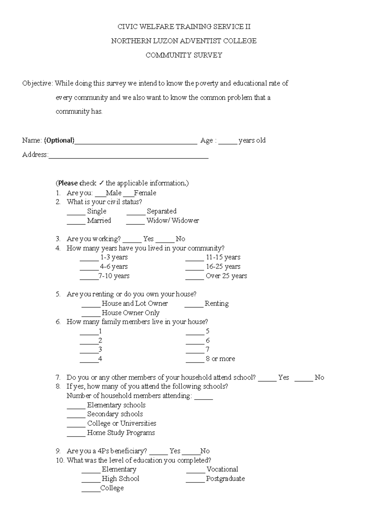 Civic Welfare Training Service II - Community Survey - CIVIC WELFARE ...