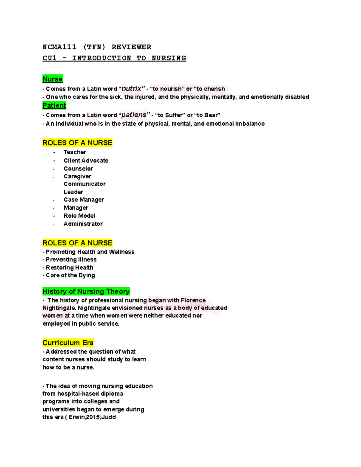 NCMA111 (TFN) Reviewer - NCMA111 (TFN) REVIEWER CU1 - INTRODUCTION TO ...