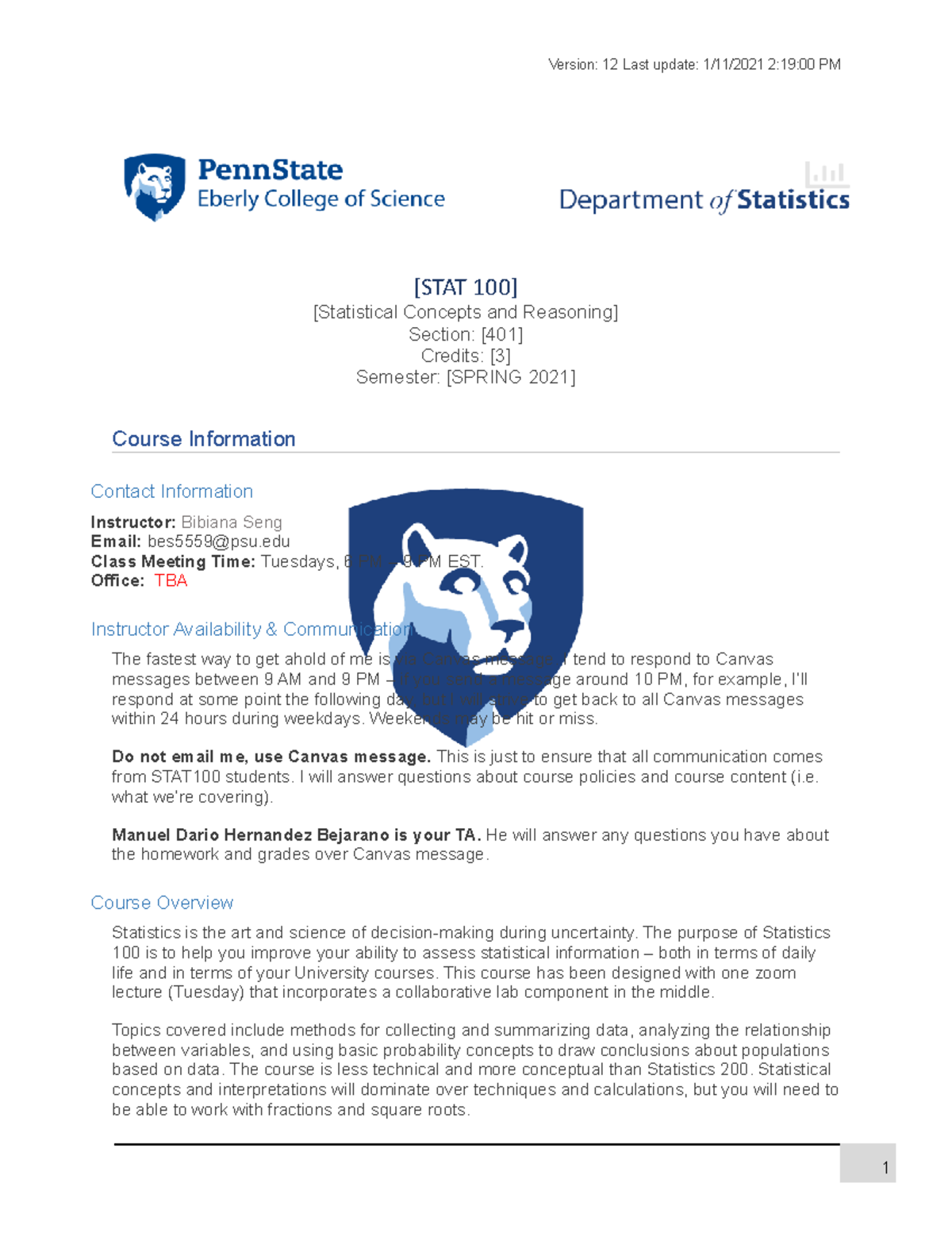 STAT 100 - Syllabus - [STAT 100] [Statistical Concepts and Reasoning ...
