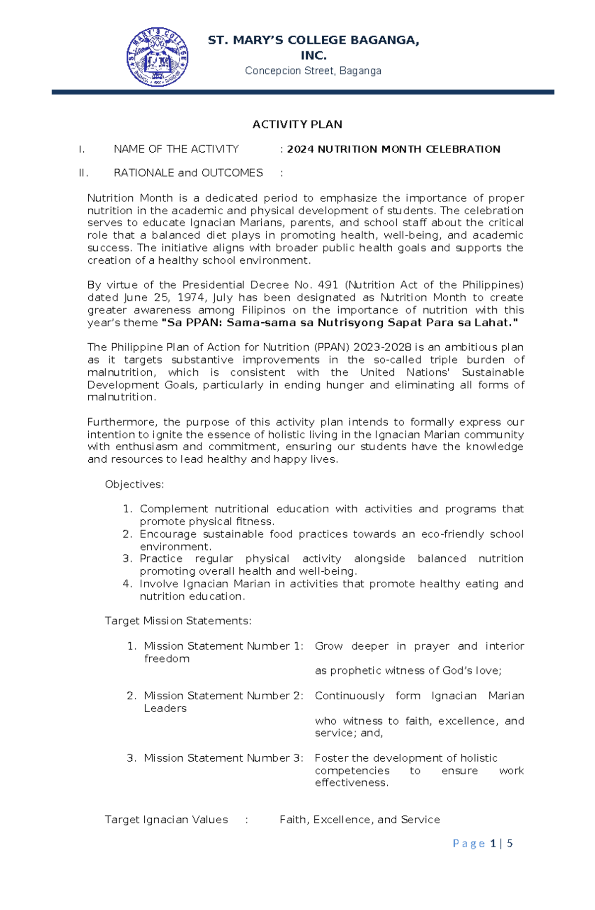 Activity Plan-Nutrition Month 2024 - ACTIVITY PLAN I. NAME OF THE ...