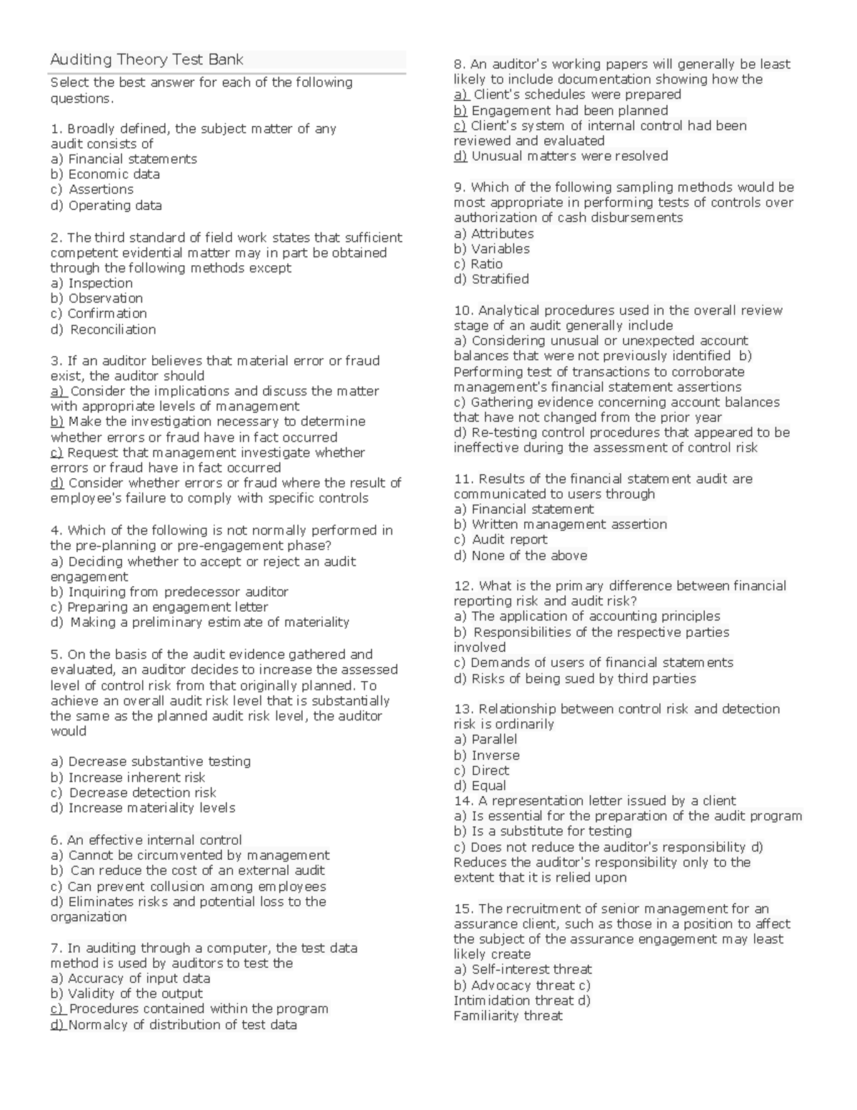 Auditing theory test bank - Auditing Theory Test Bank Select the best ...