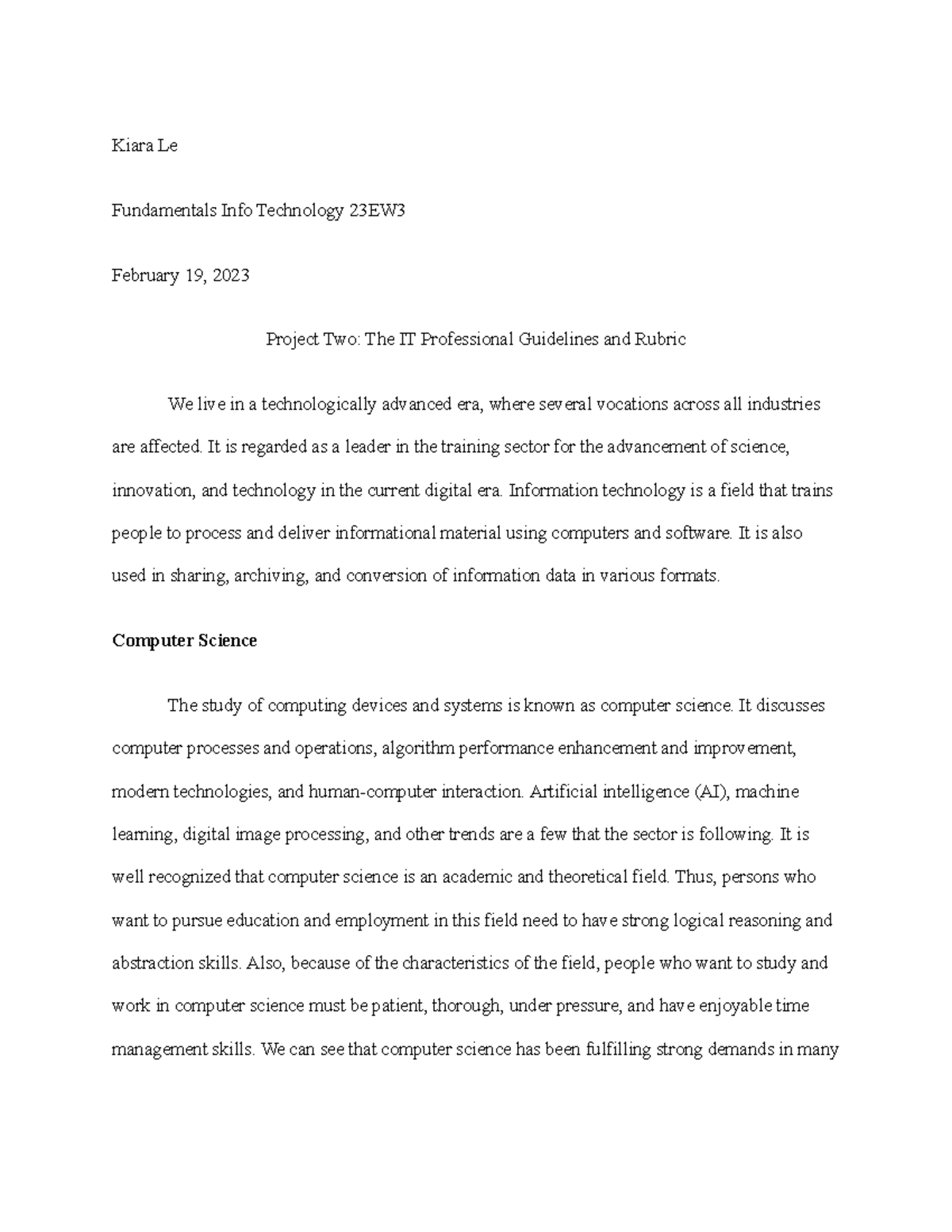 Project Two The IT Professional Guidelines and Rubric Kieu Anh Le ...