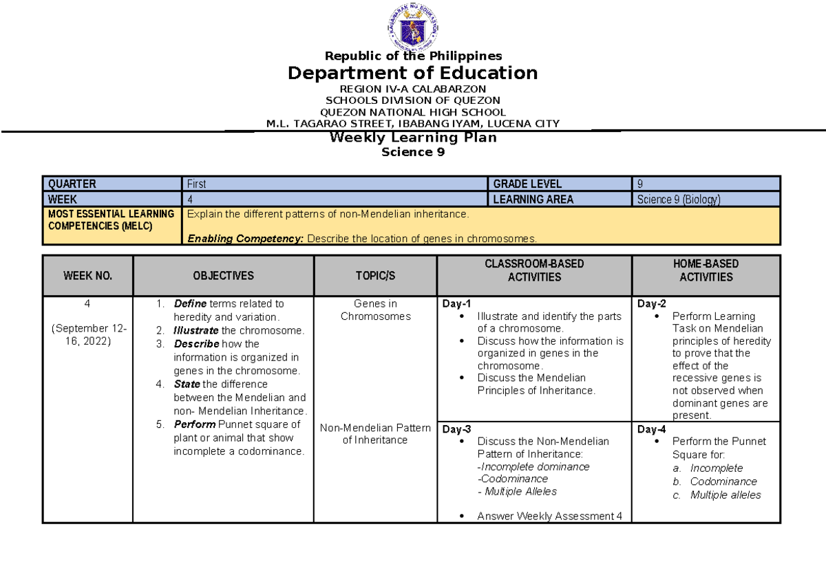4.- Weekly- Learning-PLAN- Science-9-week4 - Republic of the ...