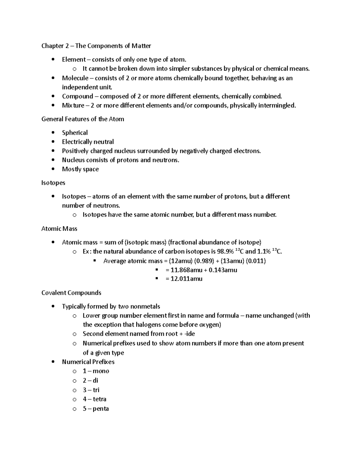 Chemistry - Chapter 2 - notes - Chapter 2 – The Components of Matter ...