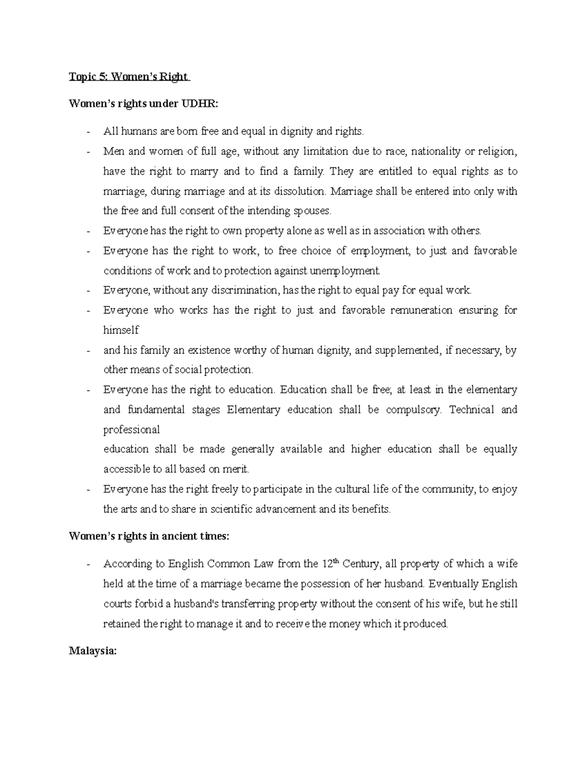 Topic 5 Women's Rights - Very helpful - Topic 5: Women’s Right Women’s ...