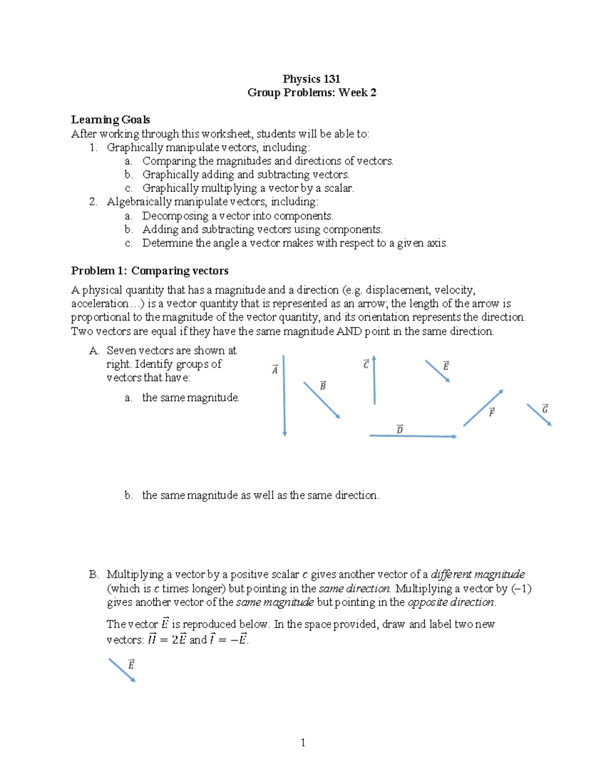 GP Week 2 - GP Week 2 - Physics 131 Group Problems: Week 2 Learning ...