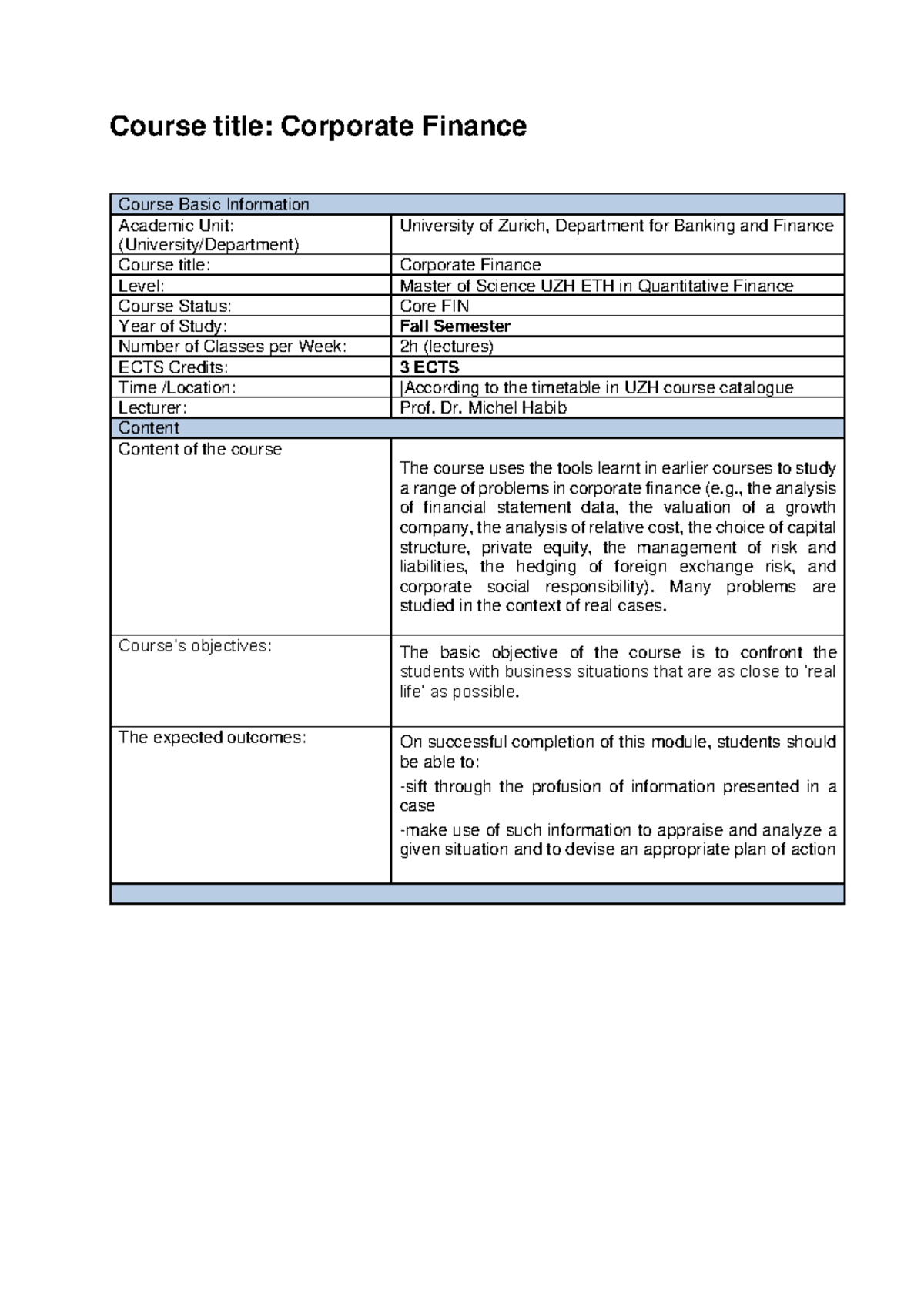 Syllabus-Corporate Finance - Course title: Corporate Finance Course ...