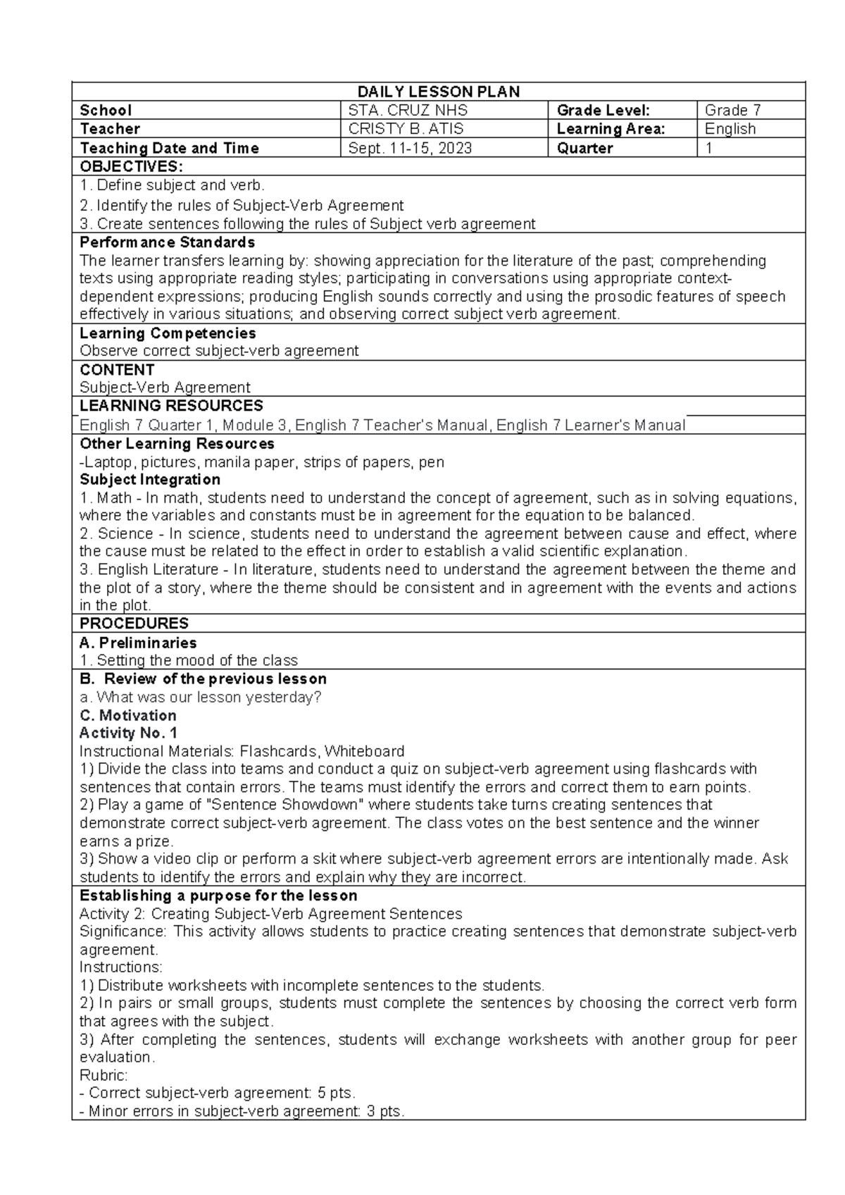 Lesson Plan -Grade 7-Active and Passive Voice - DAILY LESSON PLAN ...