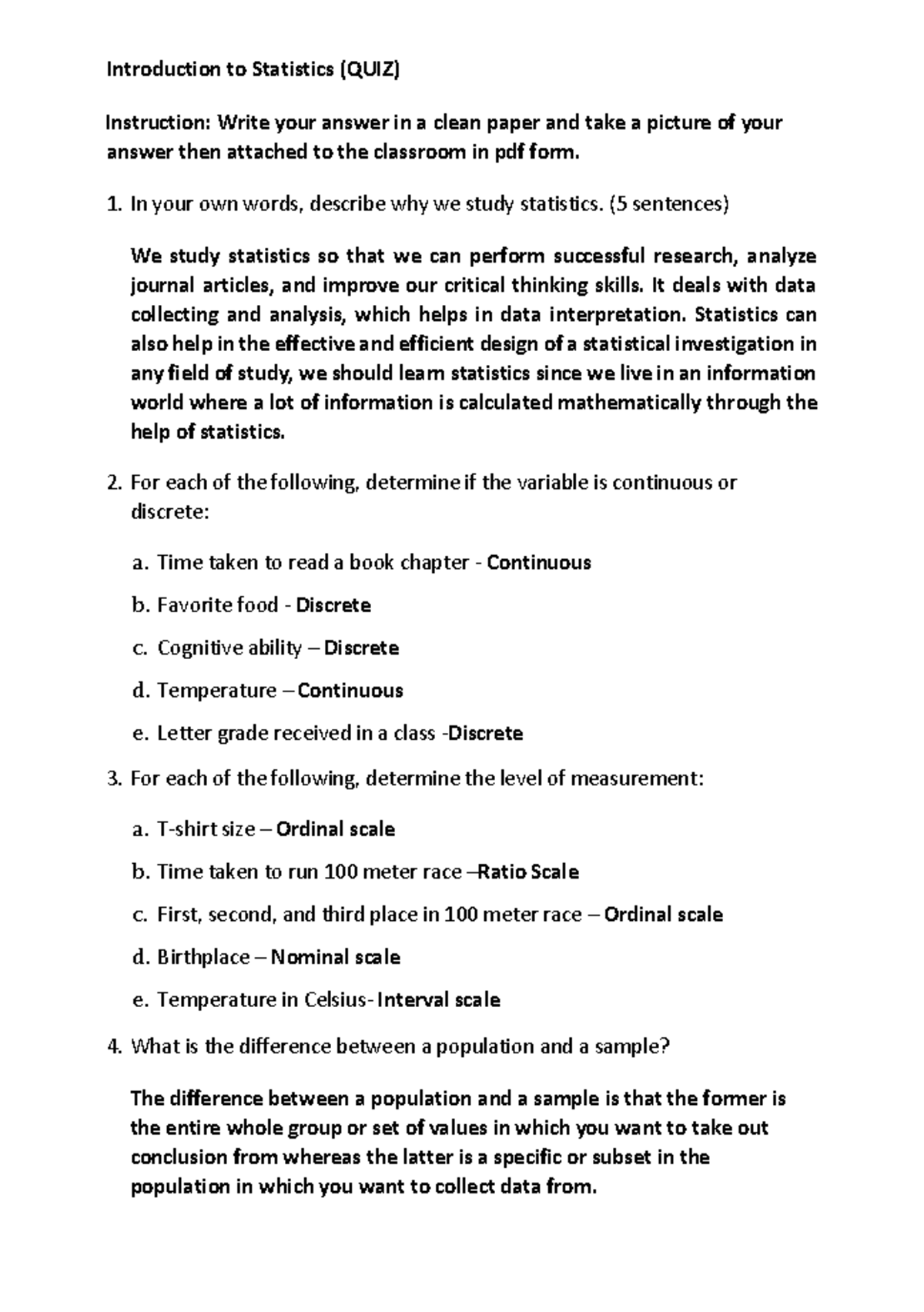 Stat Quiz Statistics Quiz Introduction To Statistics Quiz Instruction Write Your Answer