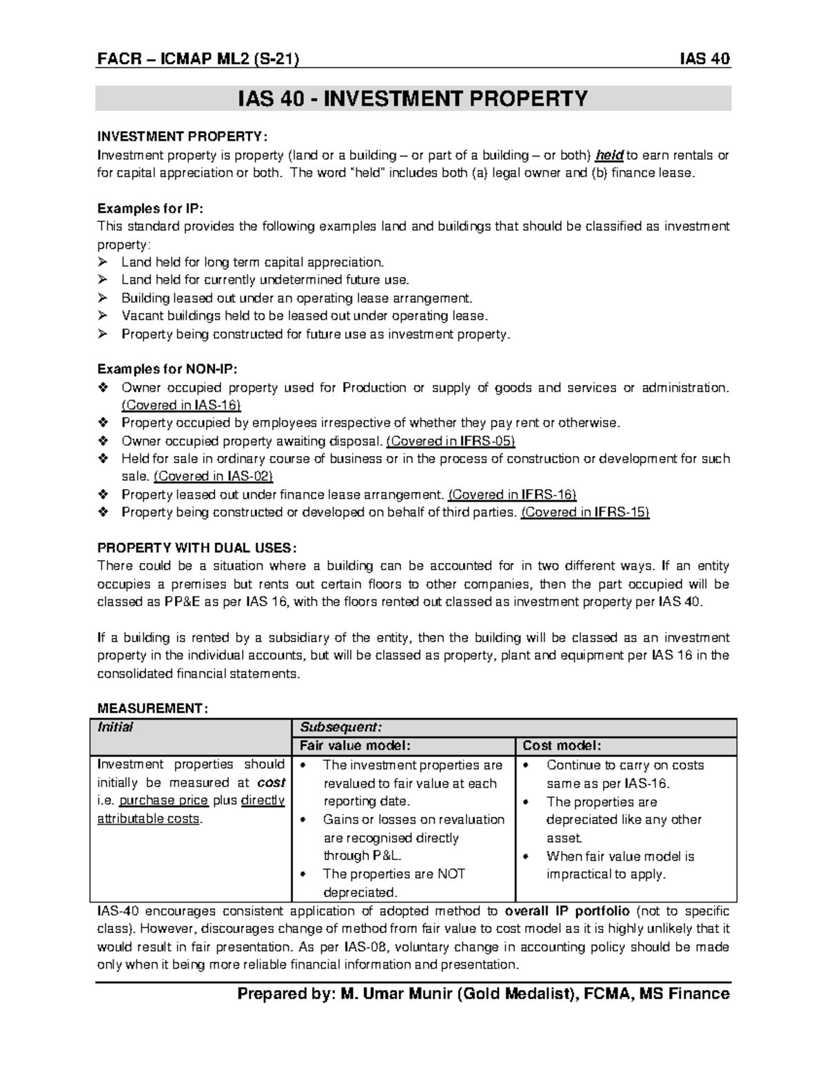017 - IAS 40 - Investment Property - FACR – ICMAP ML2 (S-21) IAS 40 ...