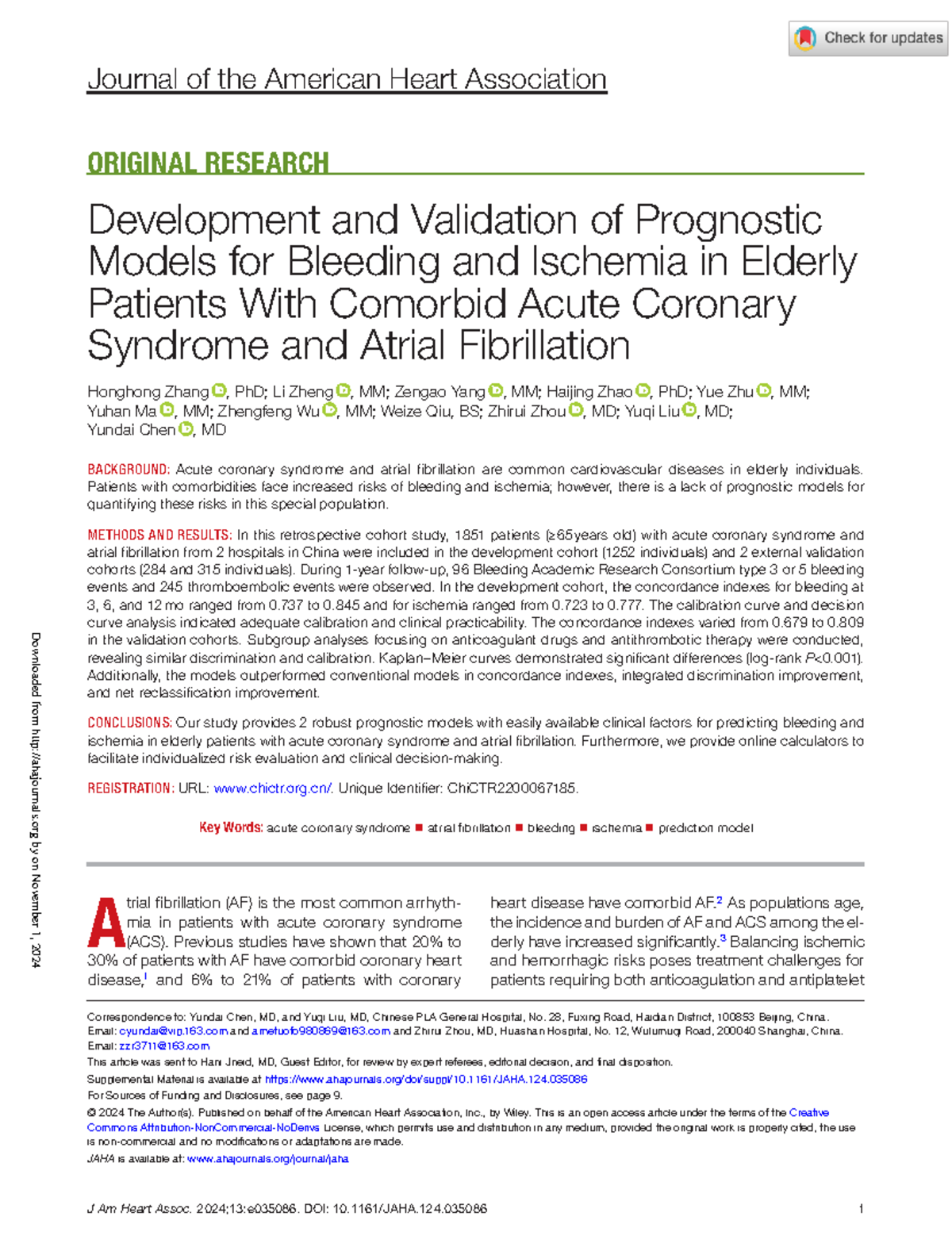 Zhang Et Al 2024 Development And Validation Of Prognostic Models For Bleeding And Ischemia In