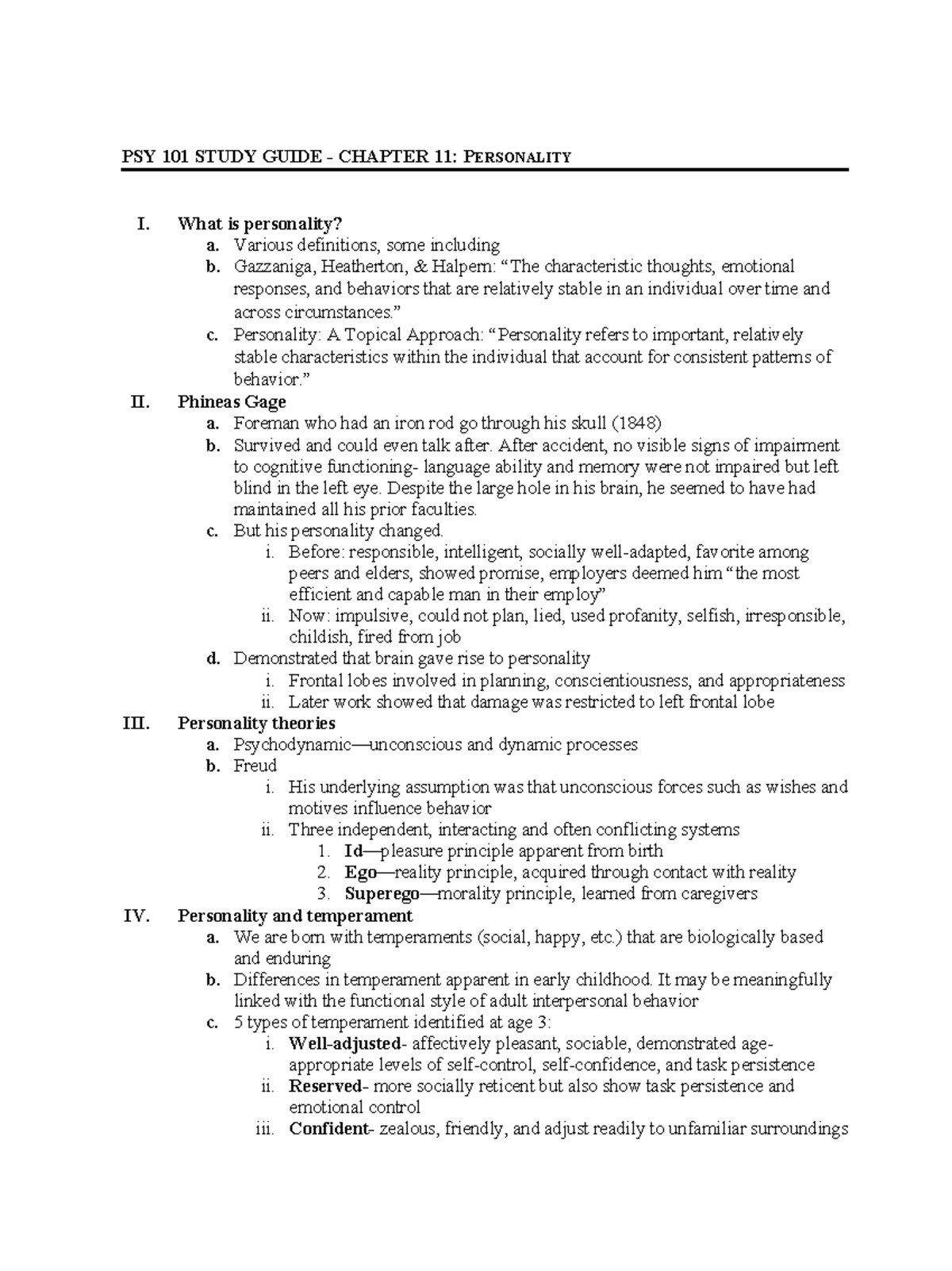 PSY 101 Study Guide - Chapter 11 - Personality - FS19-PSY-101-001 ...