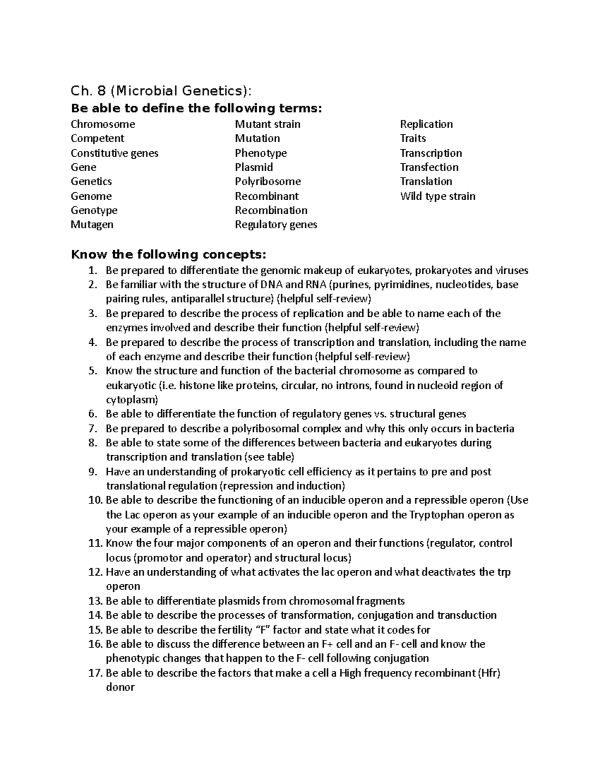 Ch. 8 (Microbial Genetics) Study Guide - Ch. 8 (Microbial Genetics): Be ...