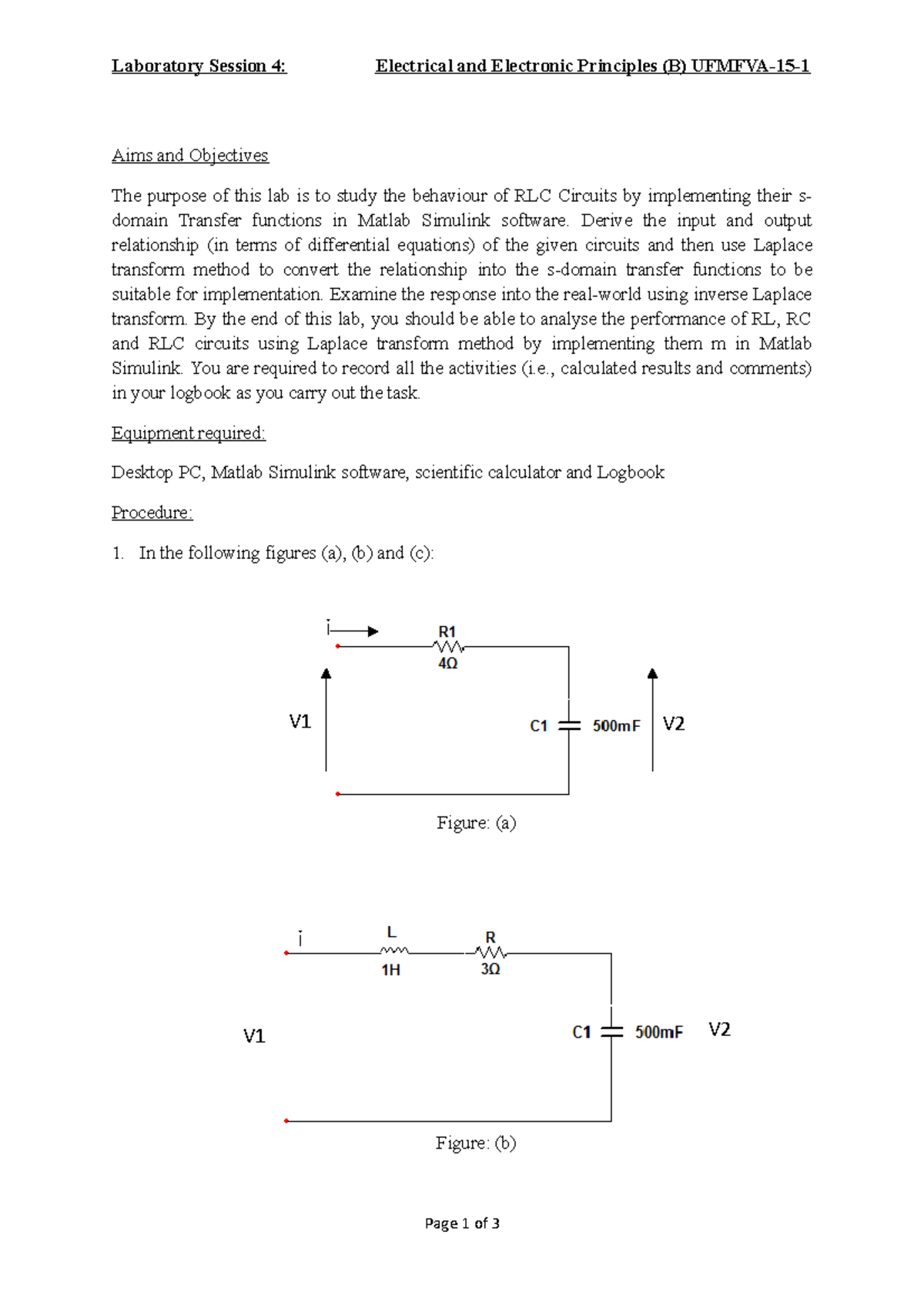 EEPB - Lab Sheet 4 Dynamic Behaviour of RLC Circuits - V1 V i V1 V i ...