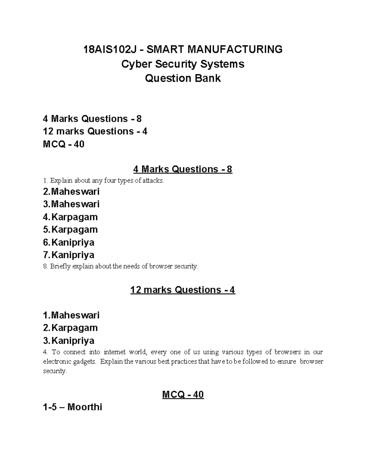 18AIS102J-SM-Unit-V-Question Bank - 18AIS102J - SMART MANUFACTURING ...