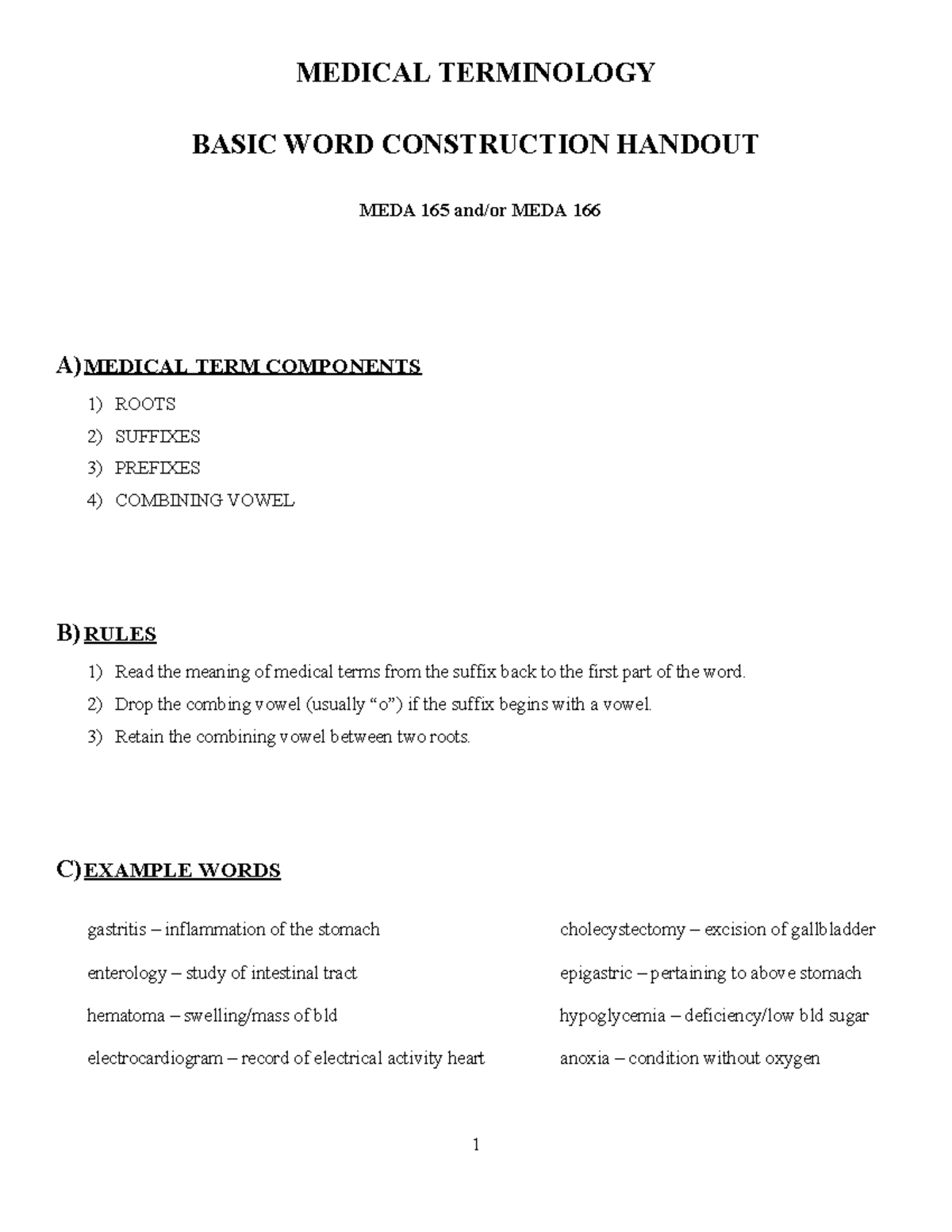 MED TERM Basic WORD Construction H O F20 - MEDICAL TERMINOLOGY BASIC ...
