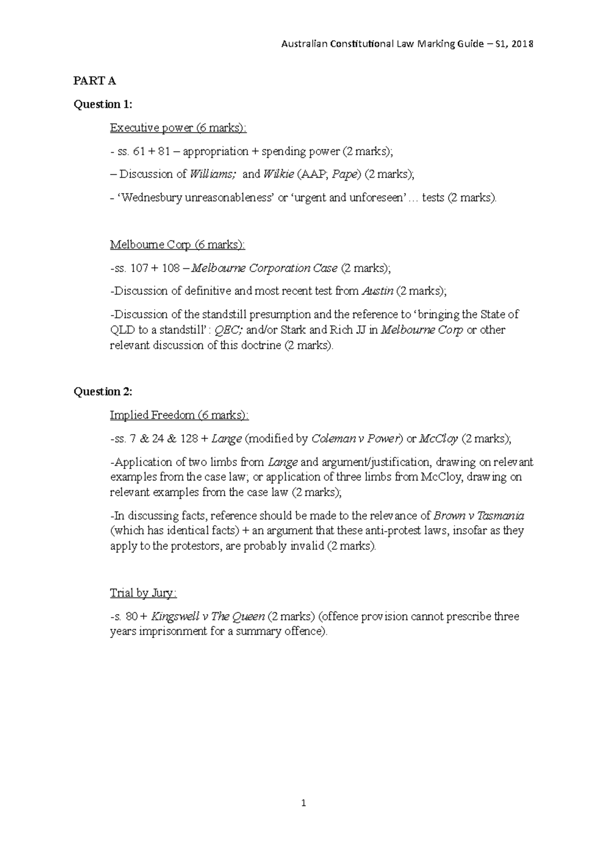 2018 exam Constitutional Law Exam Marking Guide(1) - Australian ...