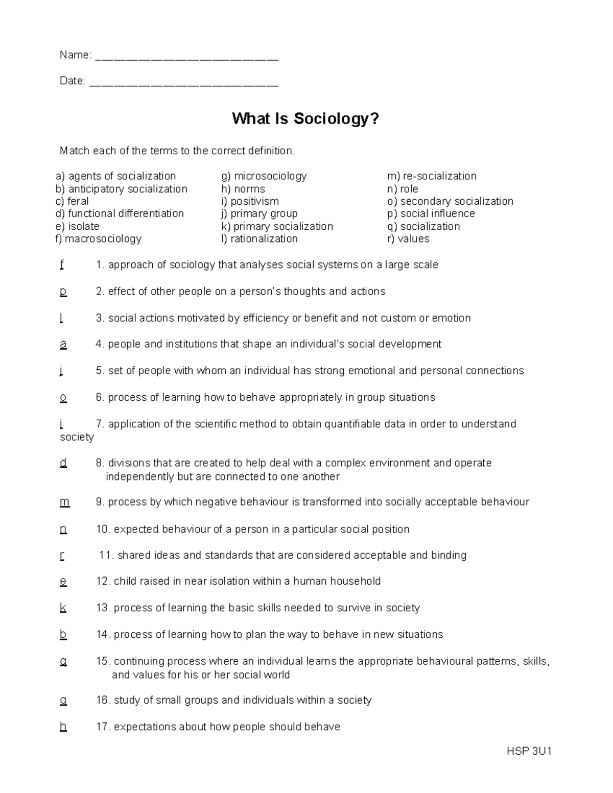 Sociology Definitions and Terms (HSP3U1) - Name ...