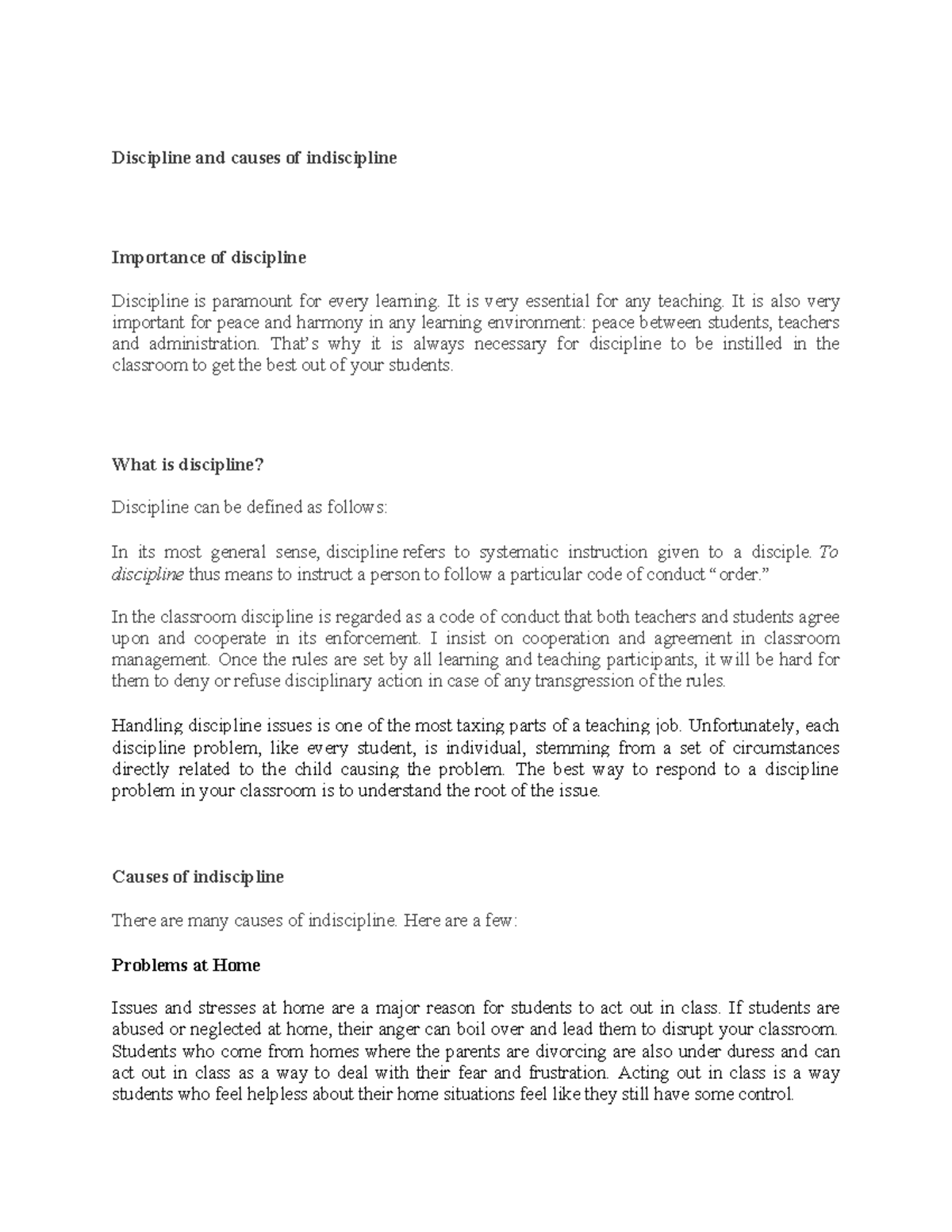 Report - lecture - Discipline and causes of indiscipline Importance of ...