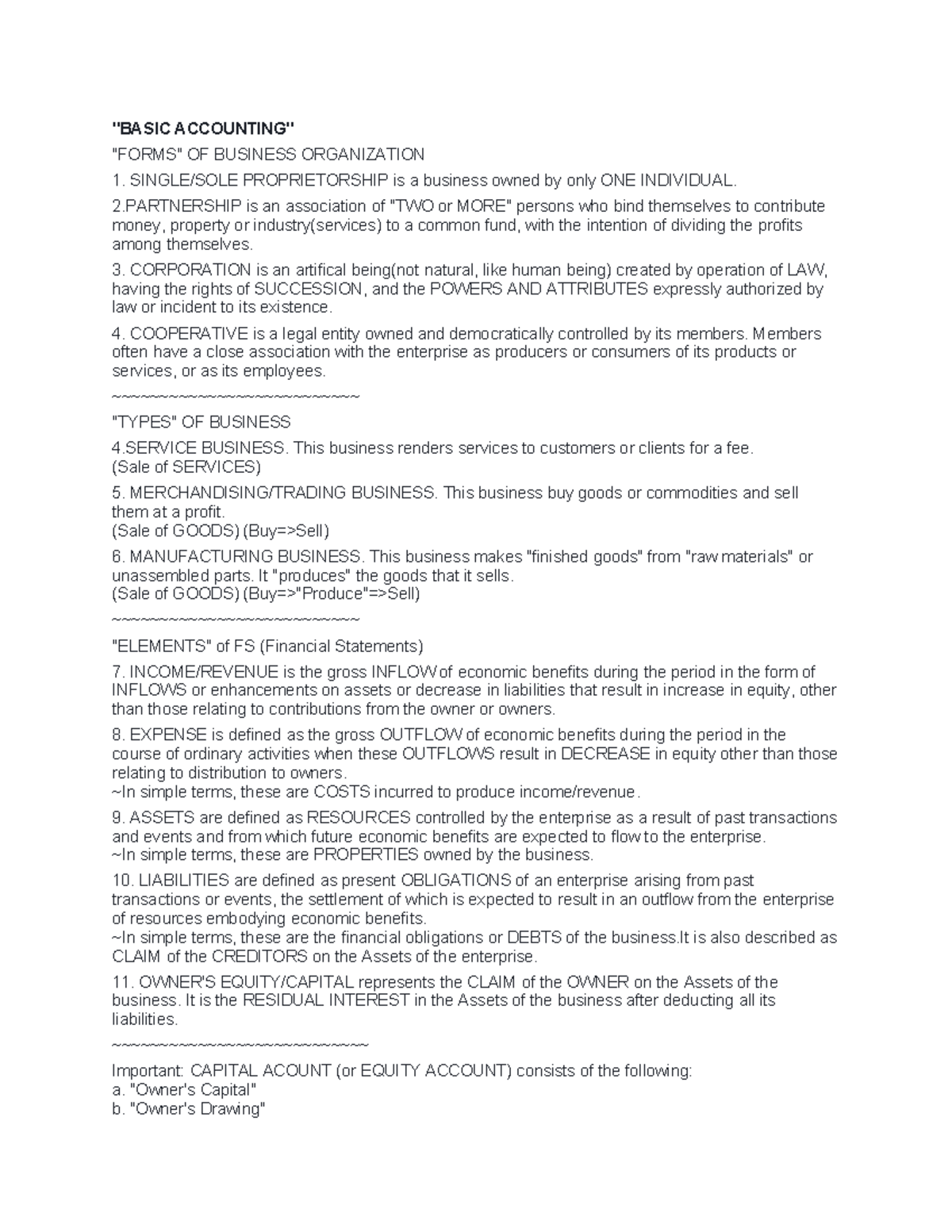 Basic Accounting - nOTES - "BASIC ACCOUNTING" "FORMS" OF BUSINESS ...