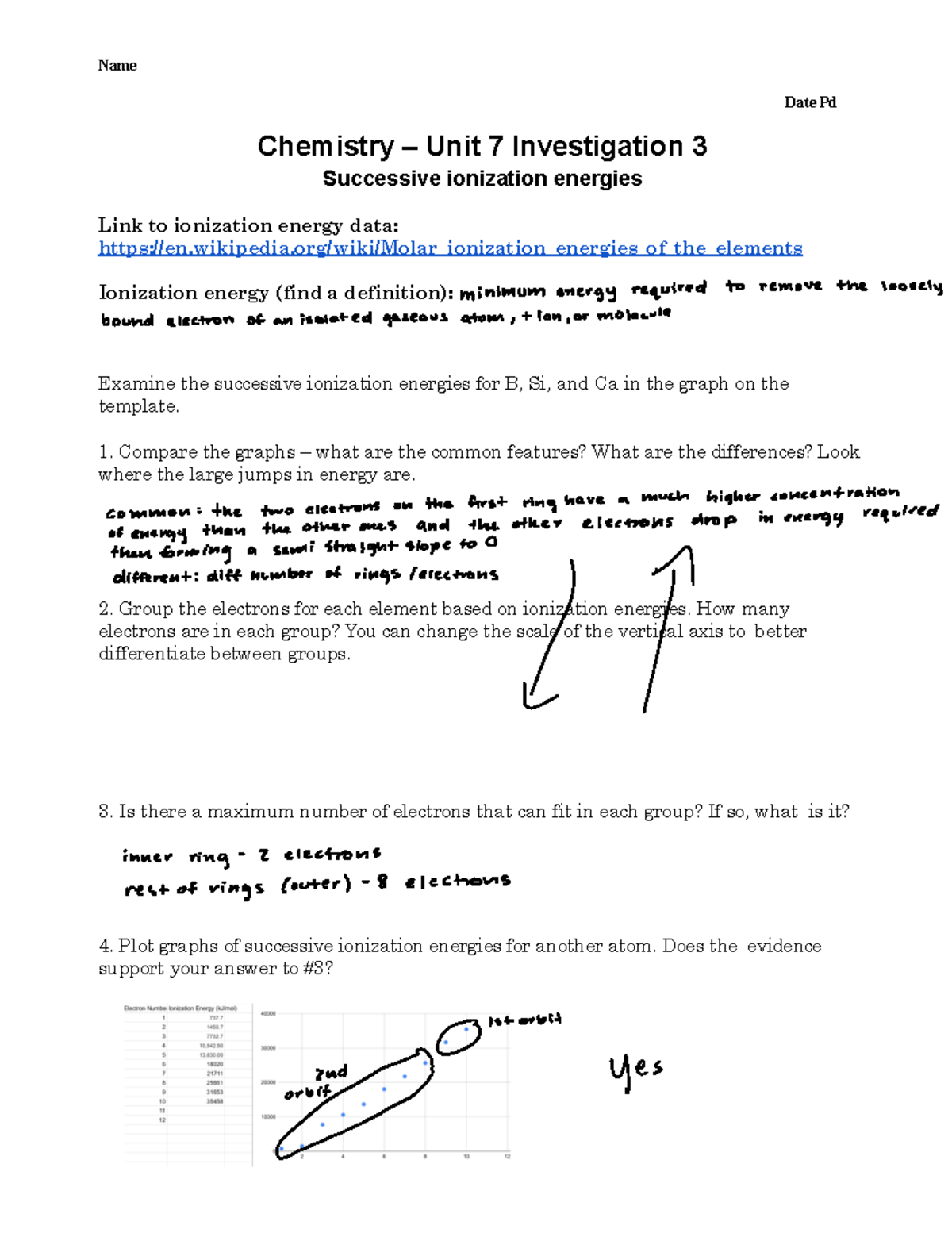 Investigation 7 - Lab - Name Date Pd Chemistry – Unit 7 Investigation 3 ...