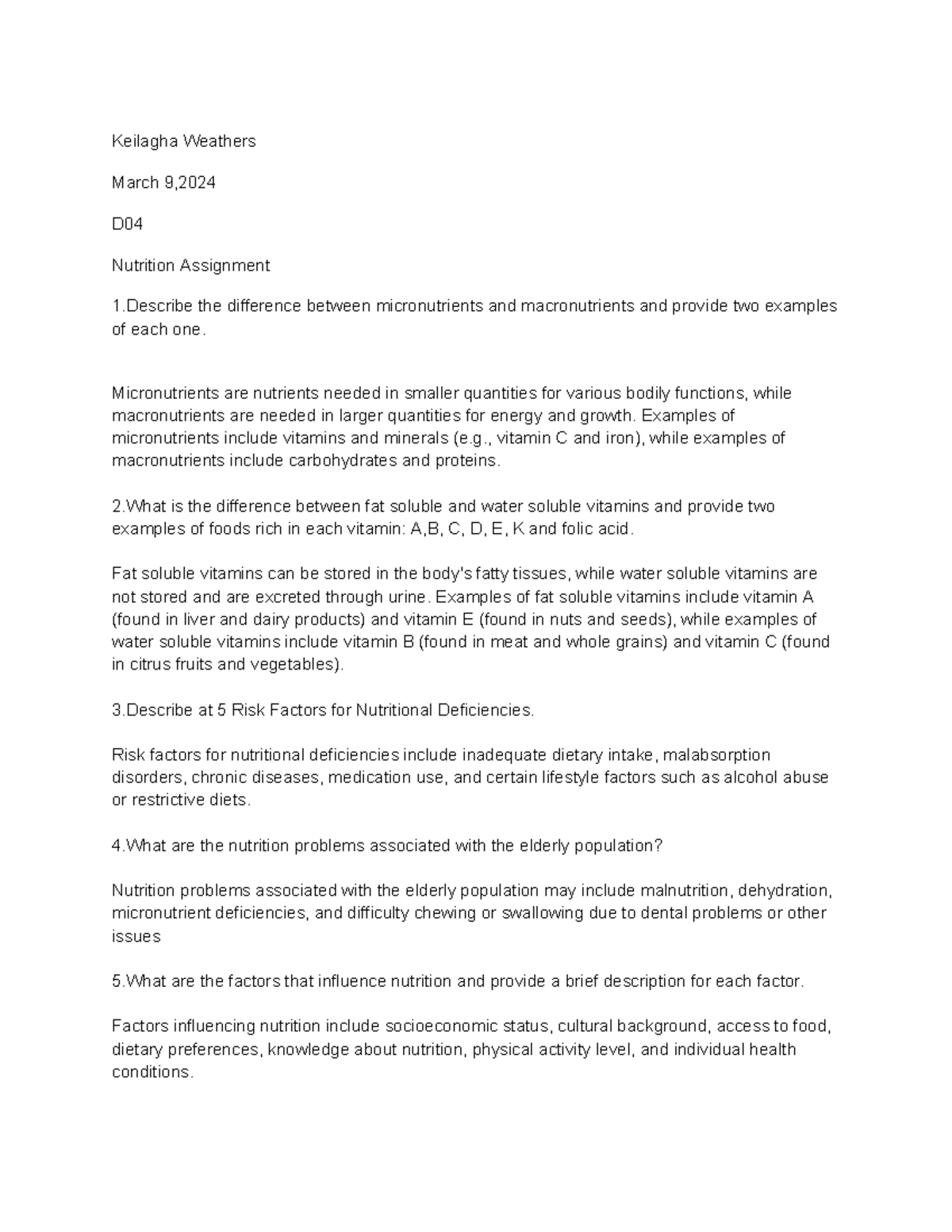 Nutrition assignment - Homework - Keilagha Weathers March 9, D ...