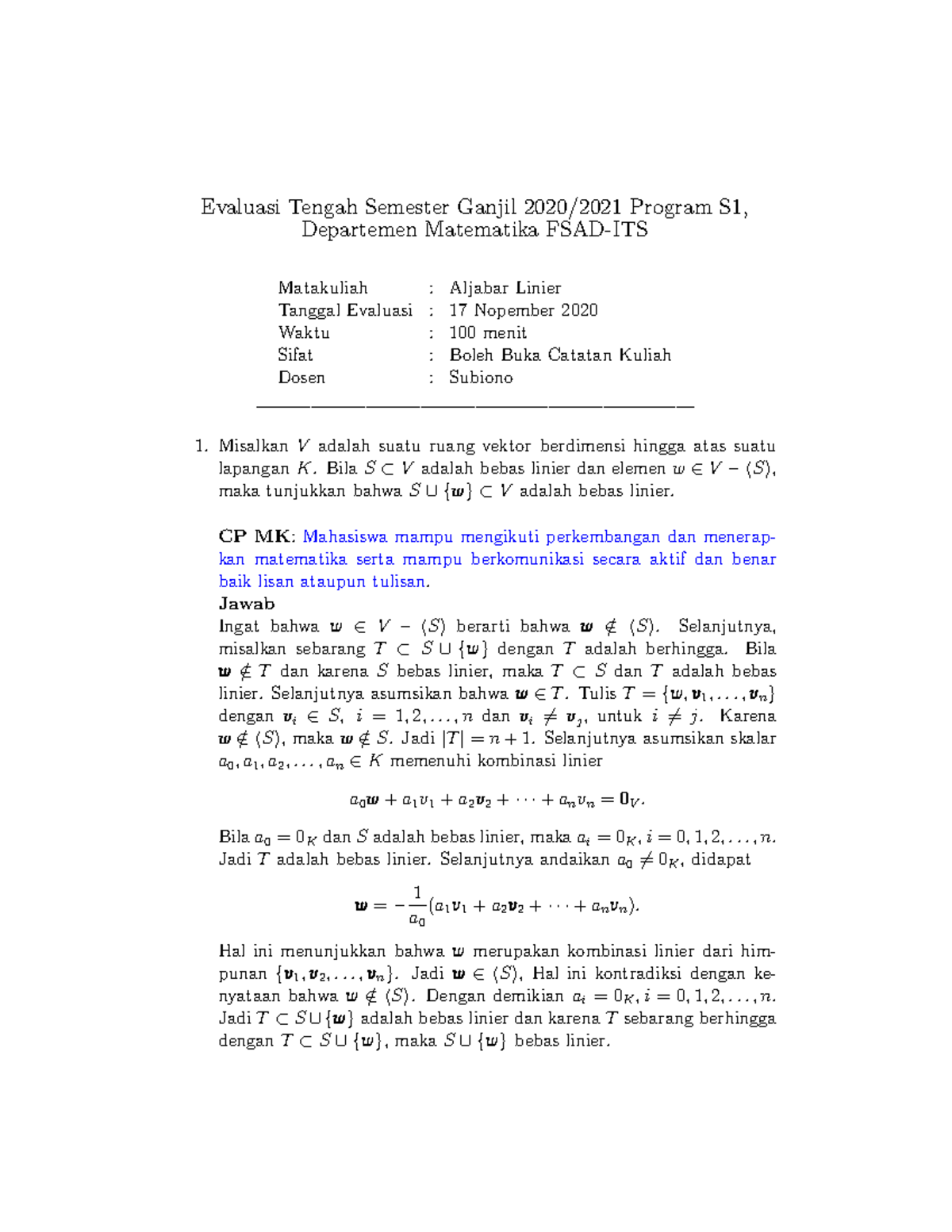 Jawaban ETS Alin Gasal 2020 - Evaluasi Tengah Semester Ganjil 2020/2021 Program S1, Departemen ...