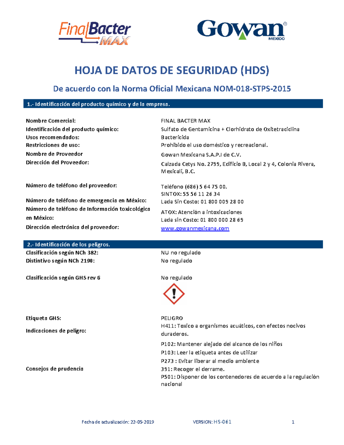 Final bacter max hs-061 - HOJA DE DATOS DE SEGURIDAD (HDS) De acuerdo con la Norma Oficial ...