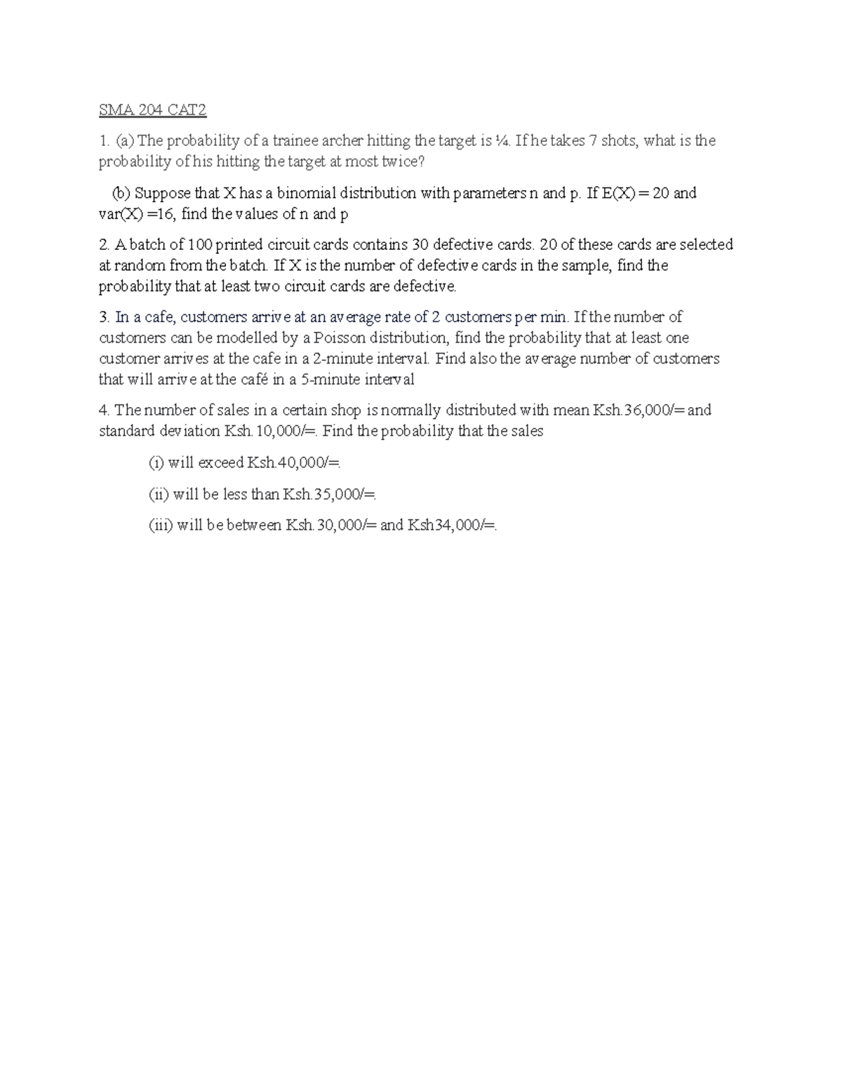 SMA 204 CAT2 - A cat on the unit sst - SMA 204 CAT (a) The probability ...