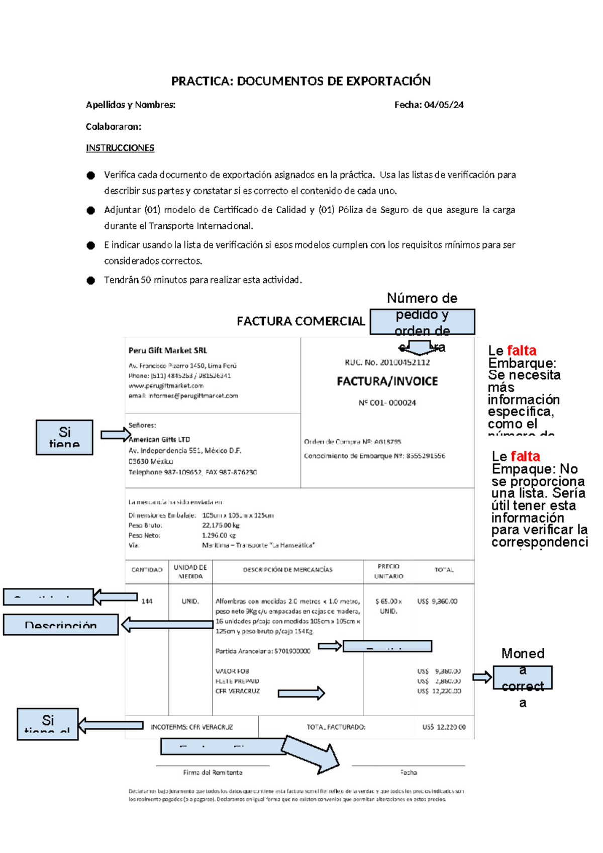 Practica Documentos de Exportacion - PRACTICA: DOCUMENTOS DE ...