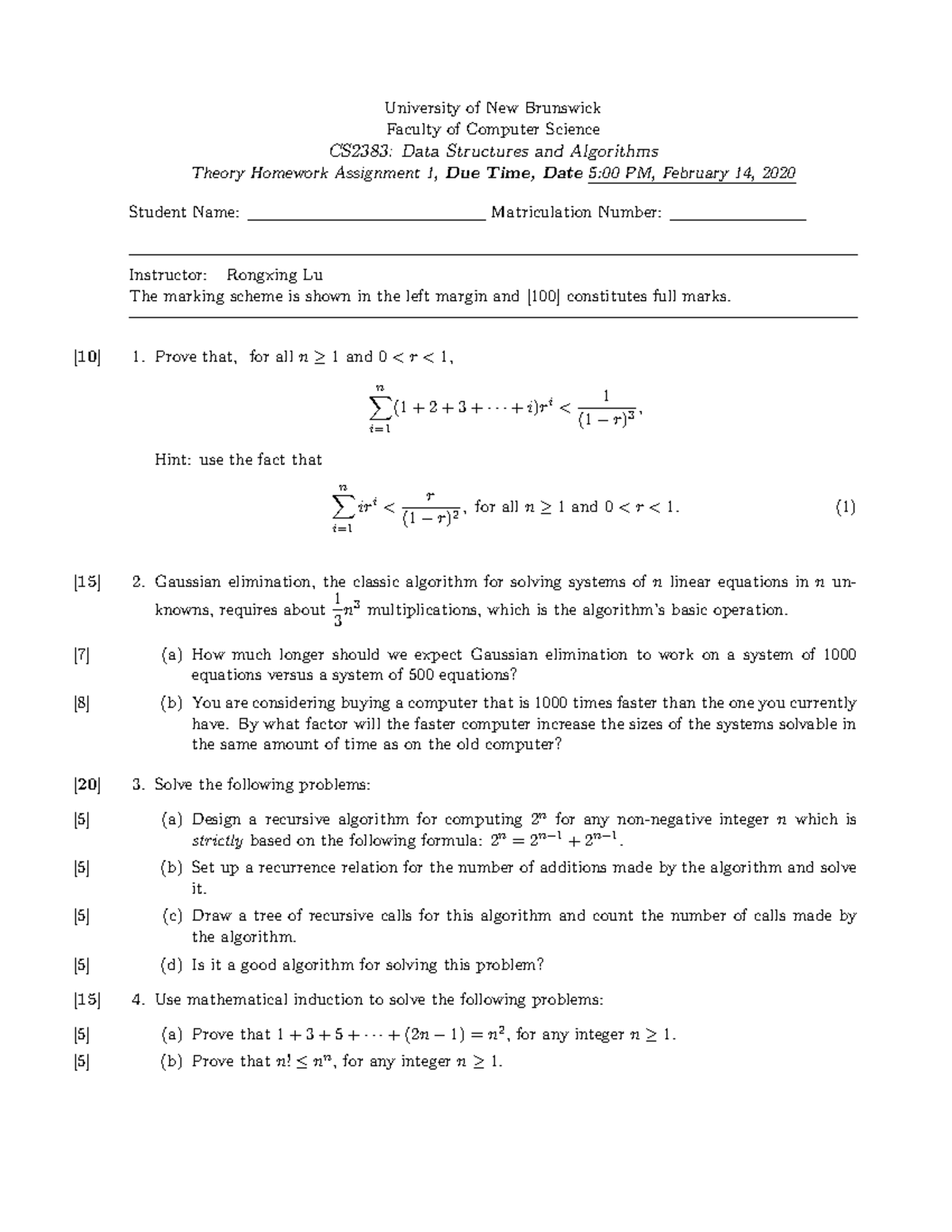 Home Assignment 1 - Solutions - University of New Brunswick Faculty of ...