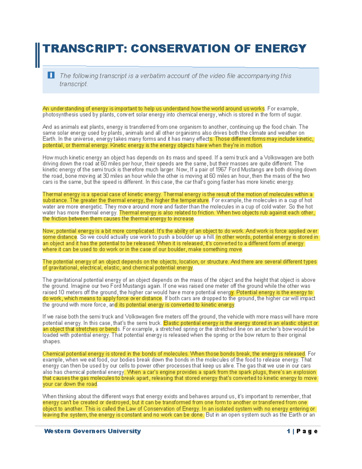 Conservation of energy transcript - Western Governors University 1 | P ...