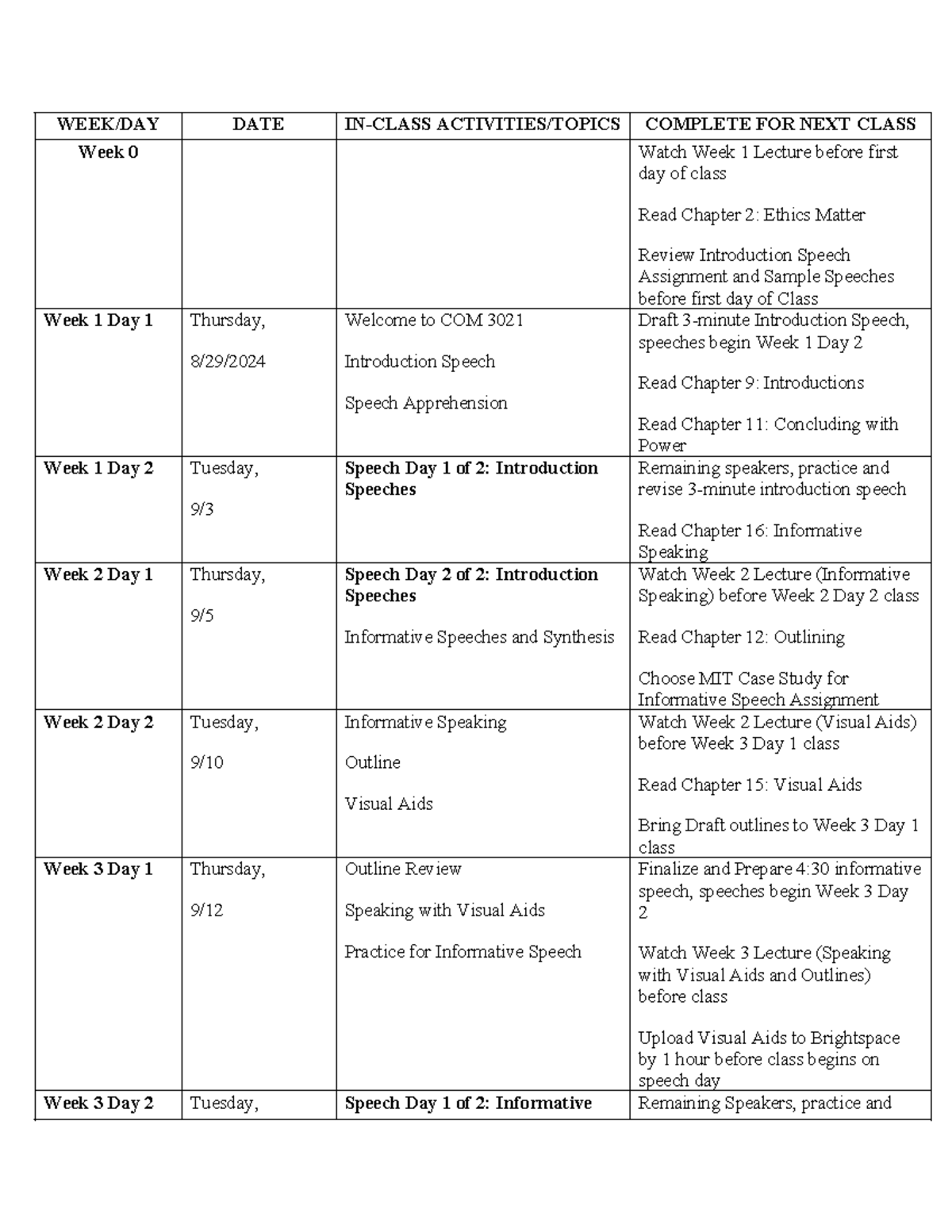 3021 Course Calendar Fall 1 2024 - WEEK/DAY DATE IN-CLASS ACTIVITIES ...