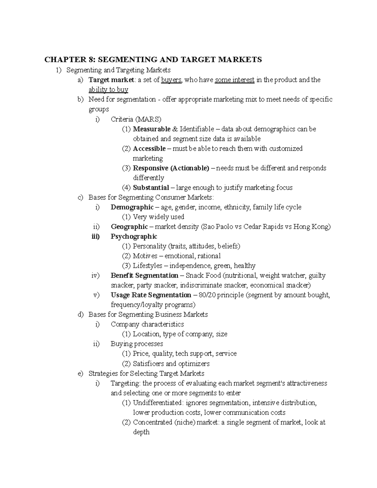 MKTG Notes Chapter 8-14 - CHAPTER 8: SEGMENTING AND TARGET MARKETS ...