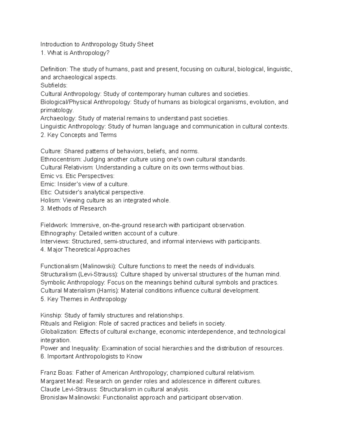 Introduction to Anthropology Study Sheet - Subfields: Cultural ...