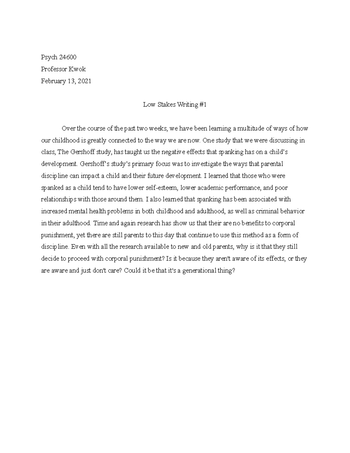 Low Stakes Writing #1 - Psych 24600 Professor Kwok February 13, 2021 ...