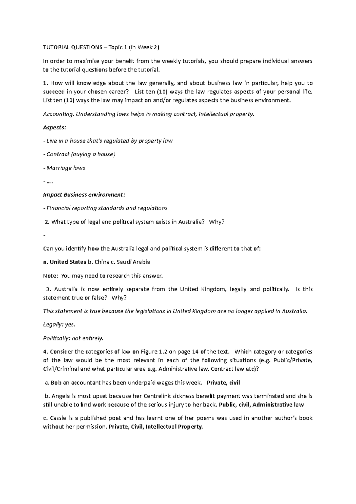 Tutorial Questions - TUTORIAL QUESTIONS – Topic 1 (in Week 2) In order ...