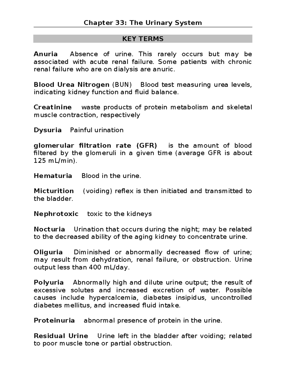Chapter 33 The Urinary System - Chapter 33: The Urinary System KEY ...