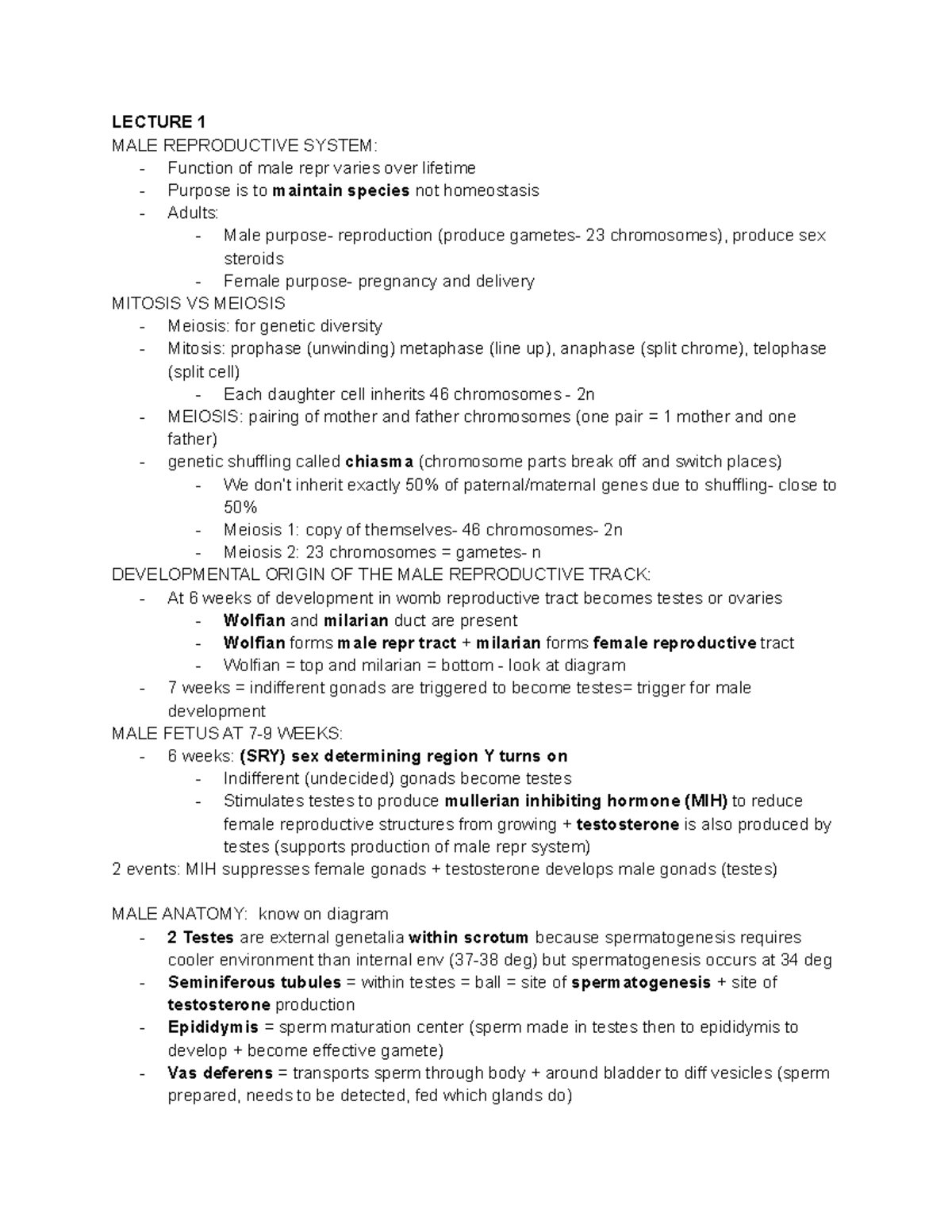 Full Reproductive notes - LECTURE 1 MALE REPRODUCTIVE SYSTEM: Function ...